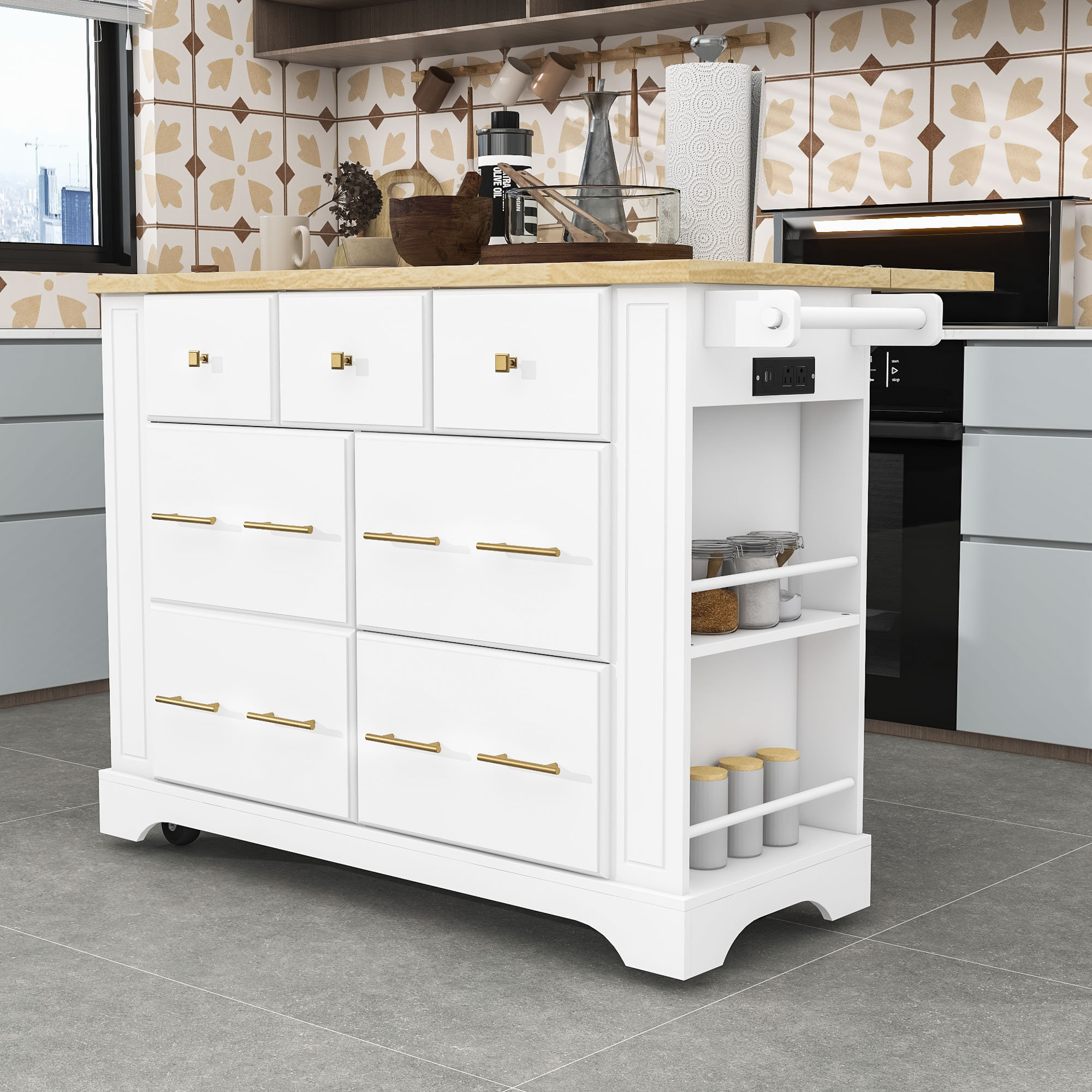 Lark Manor™ Rustic Rolling Kitchen Island with Drop-Leaf Countertop ...