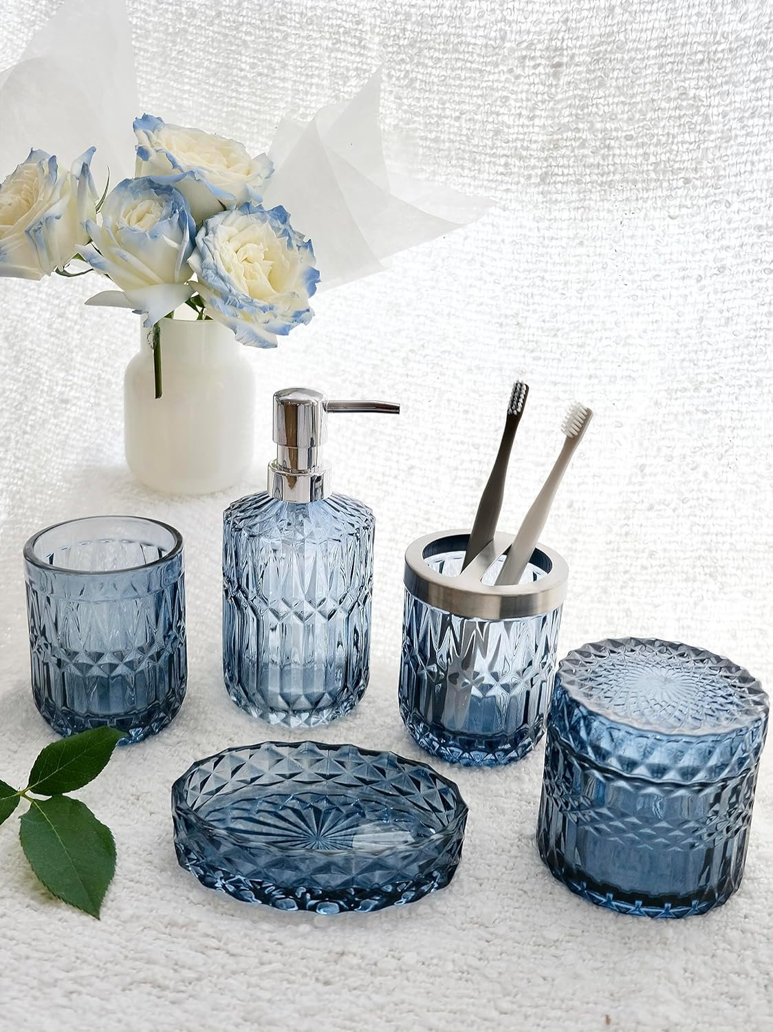 Everly Quinn Glass Bathroom Accessories Set, 5Pcs , Hand Soap Dispenser ...