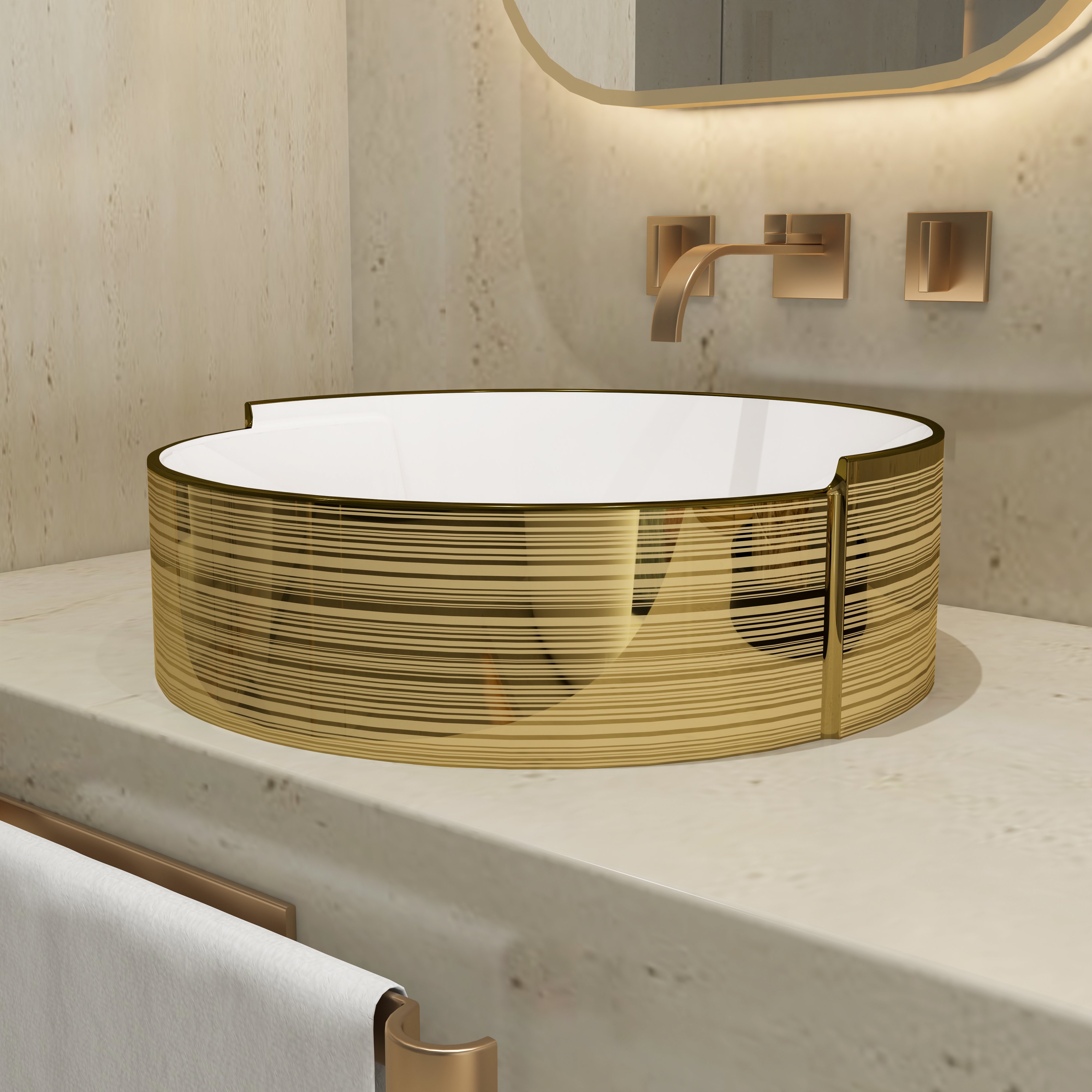 MEJE 16.75" Luxury Golden/Silver Stripe Round Art Basin, Bathroom ...
