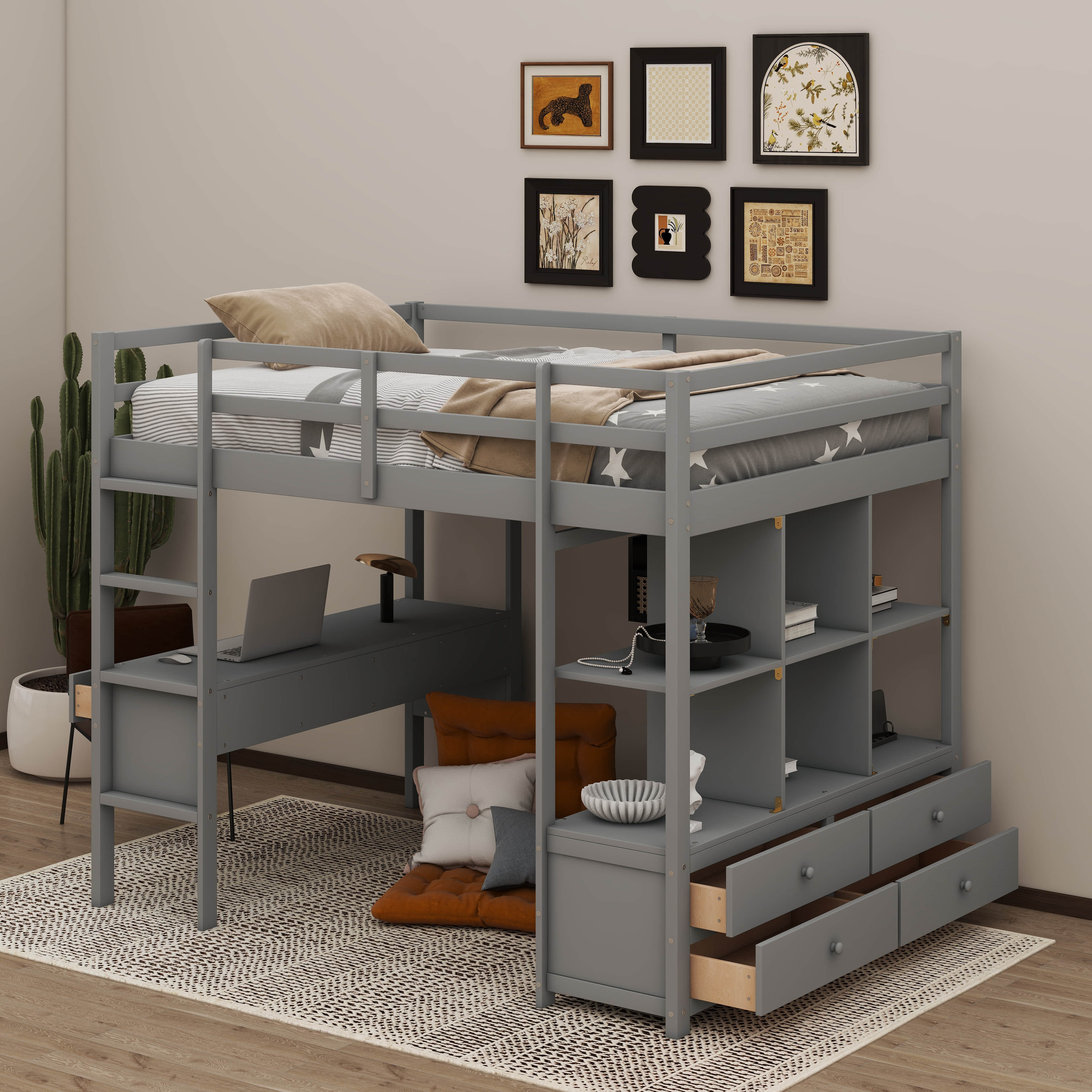 Harriet Bee Solid Wood Loft Bed Frame With Desk Storage Drawers And ...