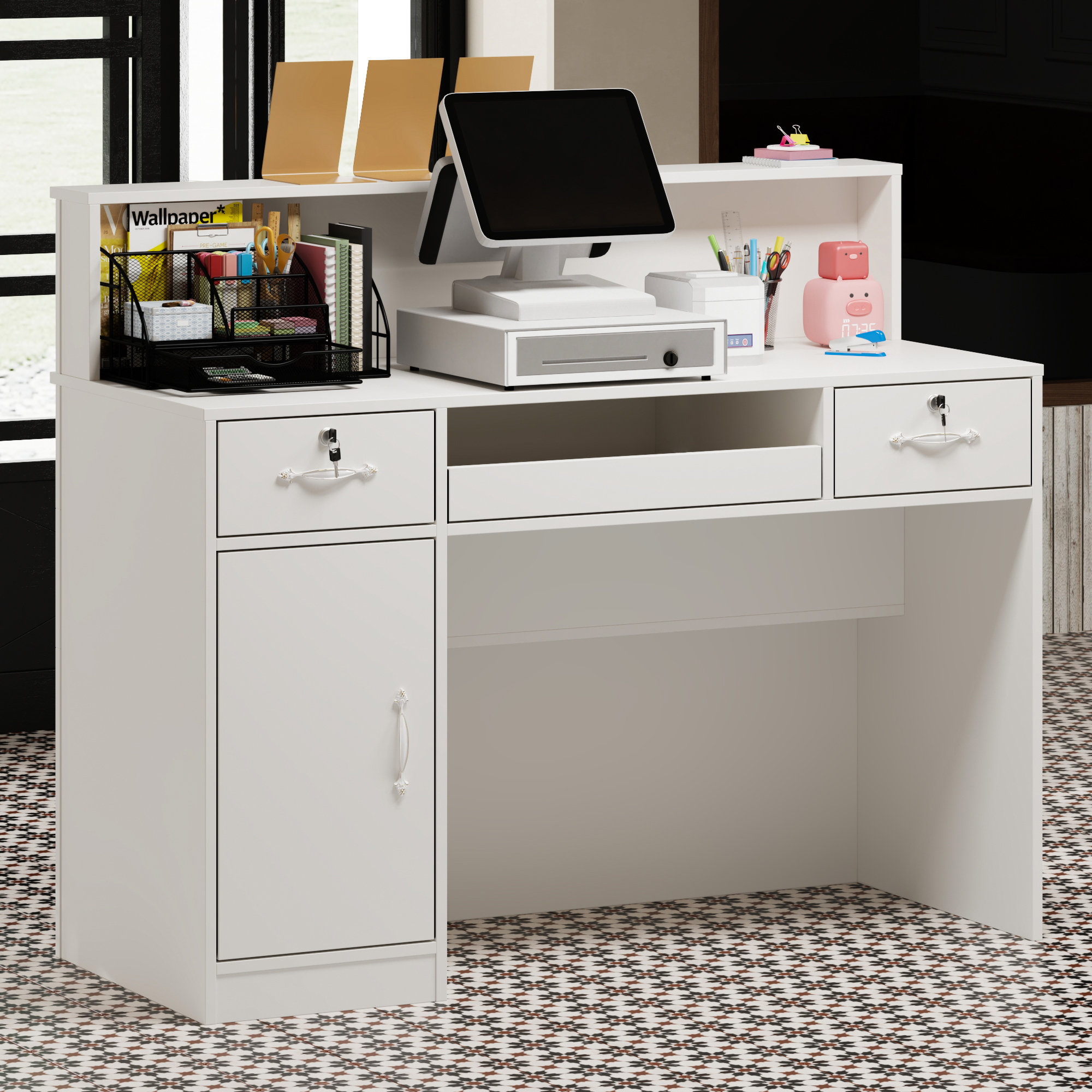 Lark Manor Adhamh 2-Drawer Wooden Reception Desk With Light In White ...