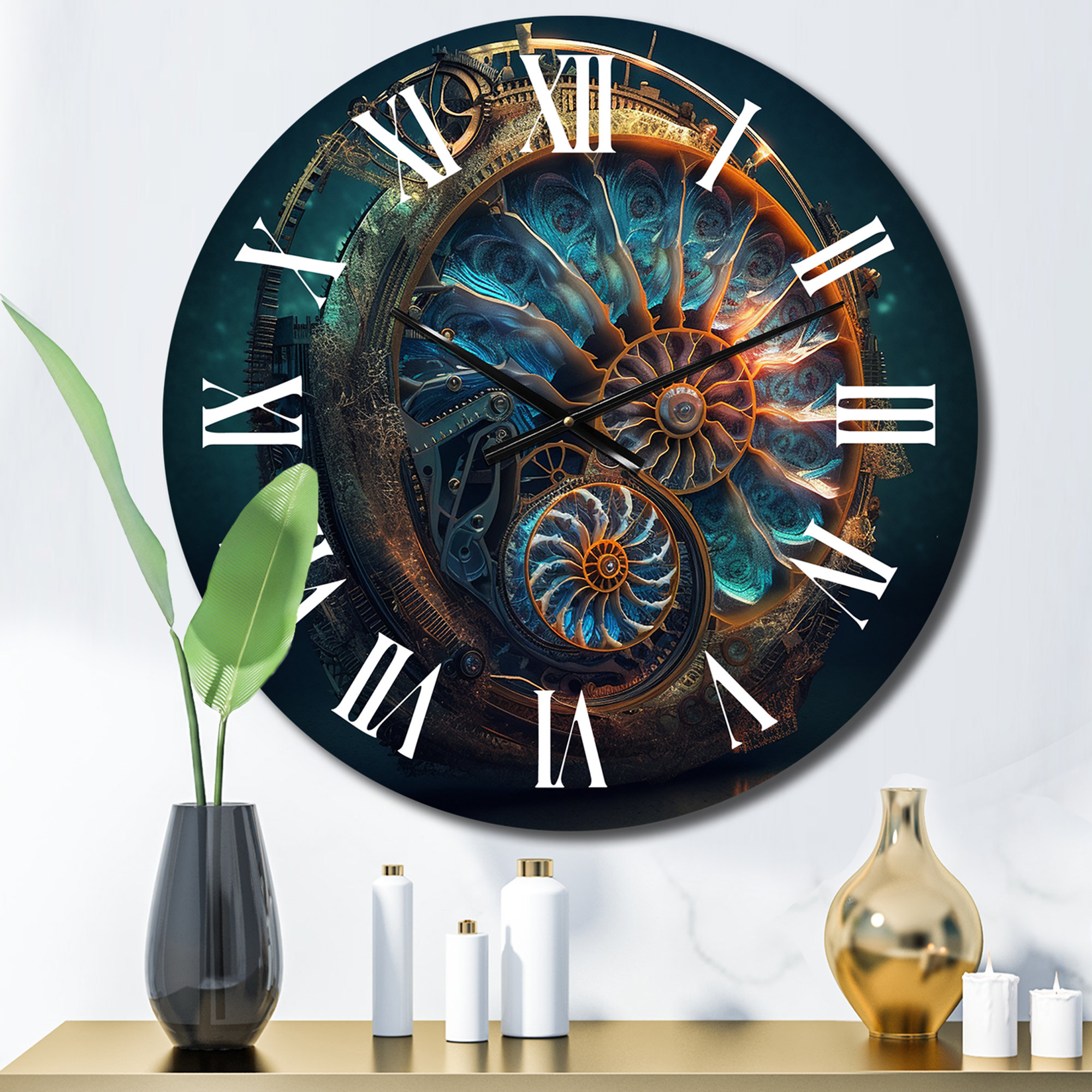 Design Art Bioluminescent Spiral Oceanic Astrolabe I Metal Wall Clock ...