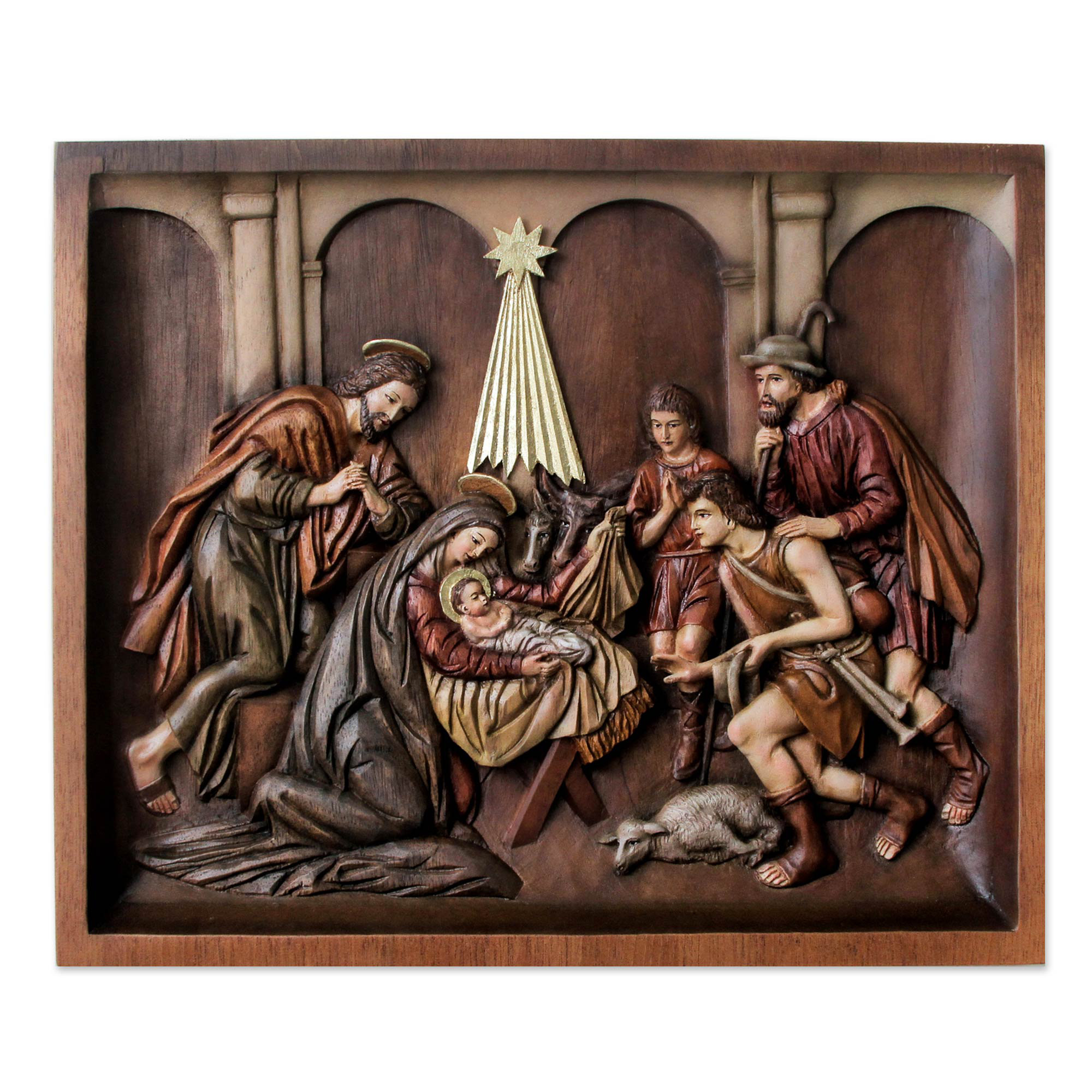 Astoria Grand Nativity with Shepherds Hand-crafted Cedar Nativity Scene Relief Decorative Accent ...