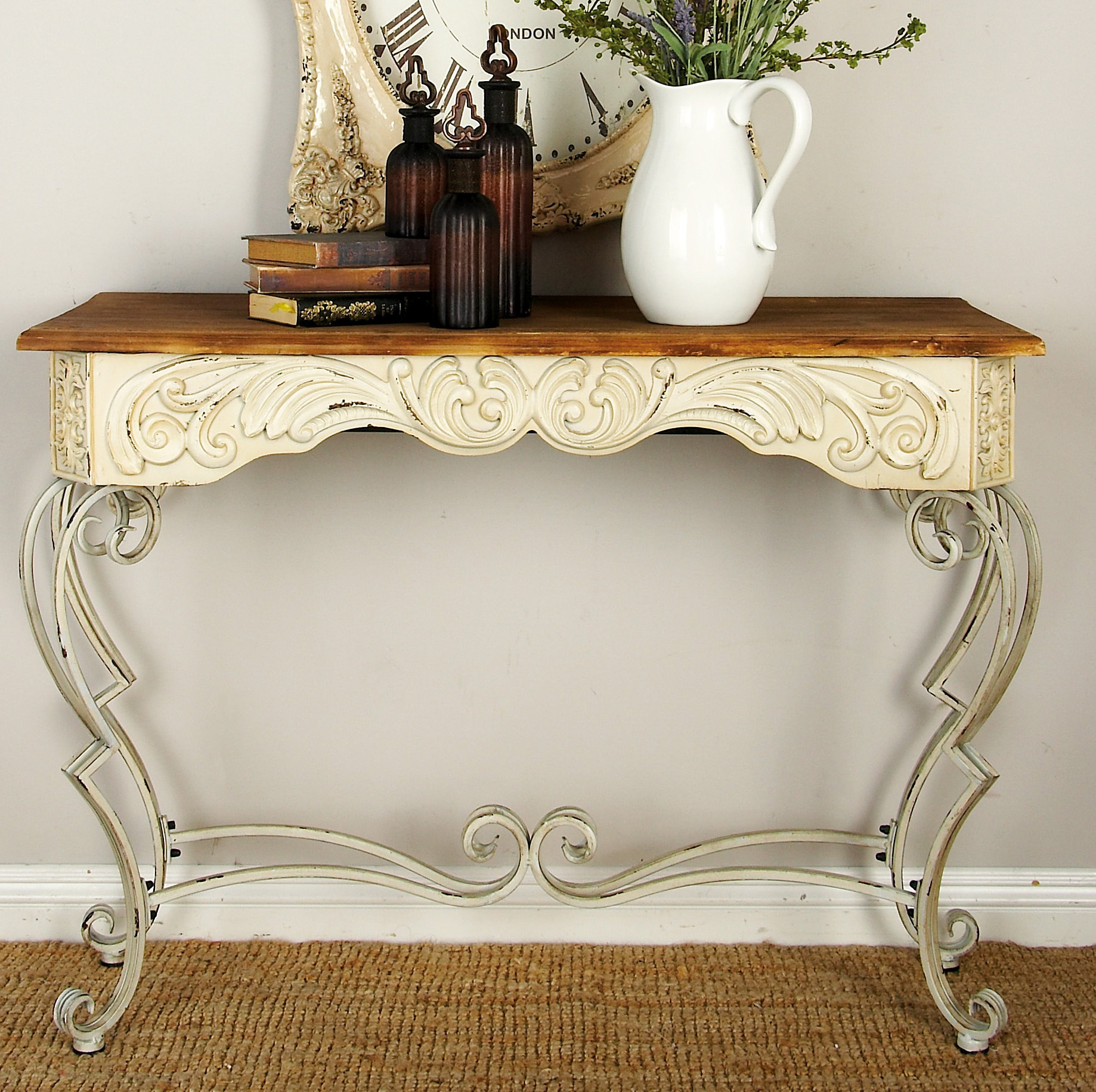 Ophelia & Co. Aine Metal Scroll White Console Table with Brown Wood Top ...