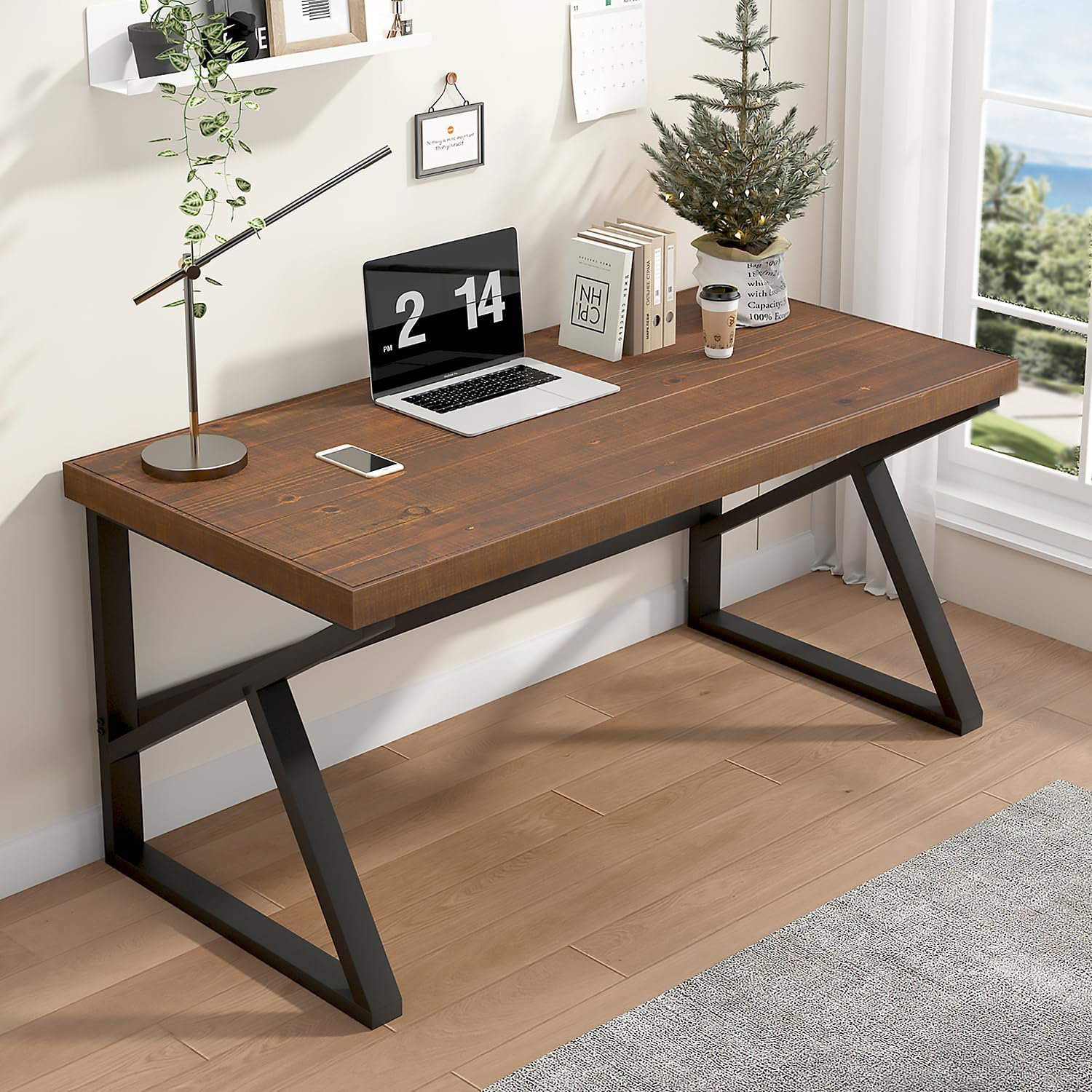 17 Stories Natural Real Wood Desk, Minimalist 47” Solid Wood Computer ...