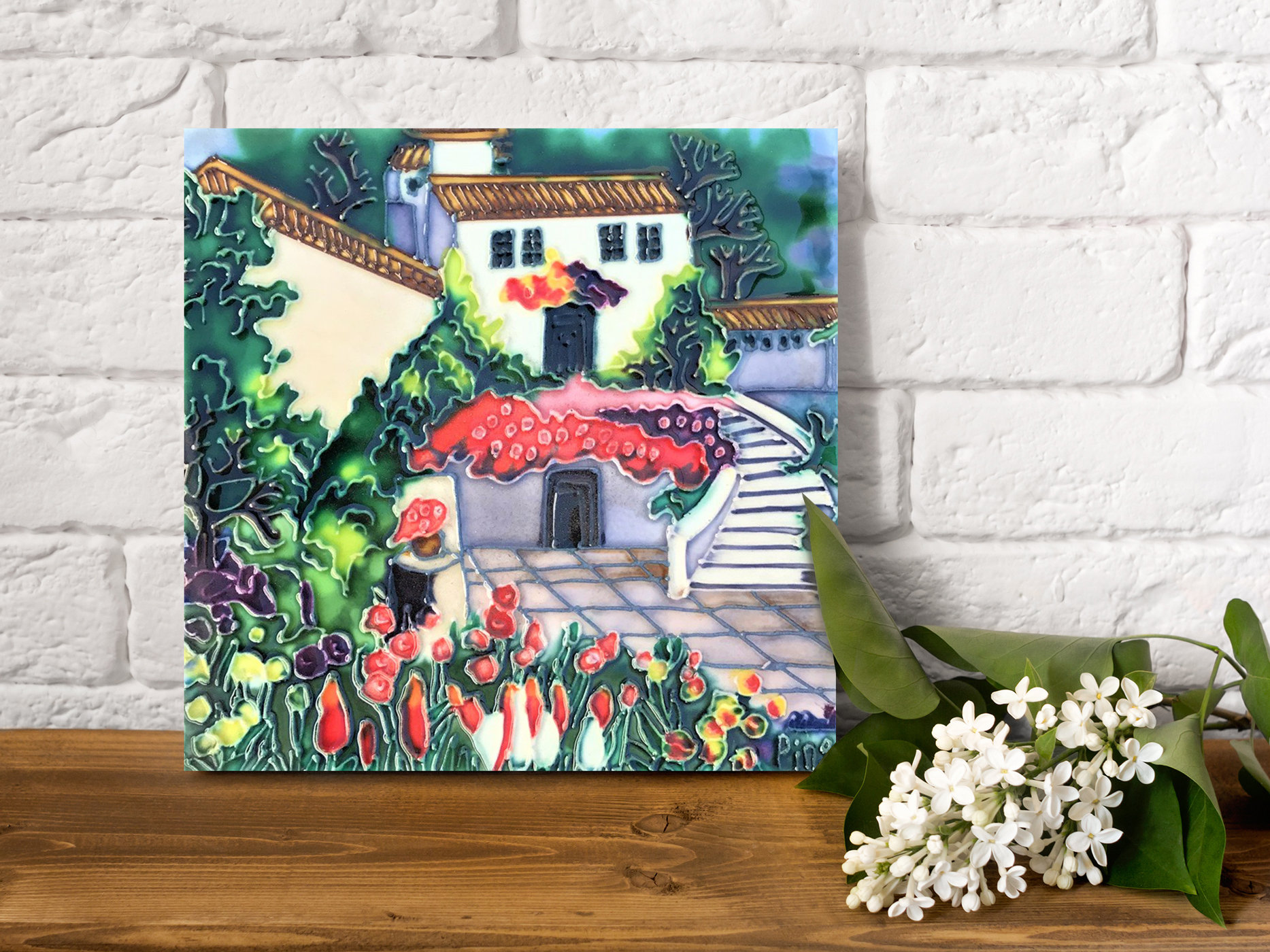 Continental Art Center 8x8" European Villa with Stairway Ceramic Art ...