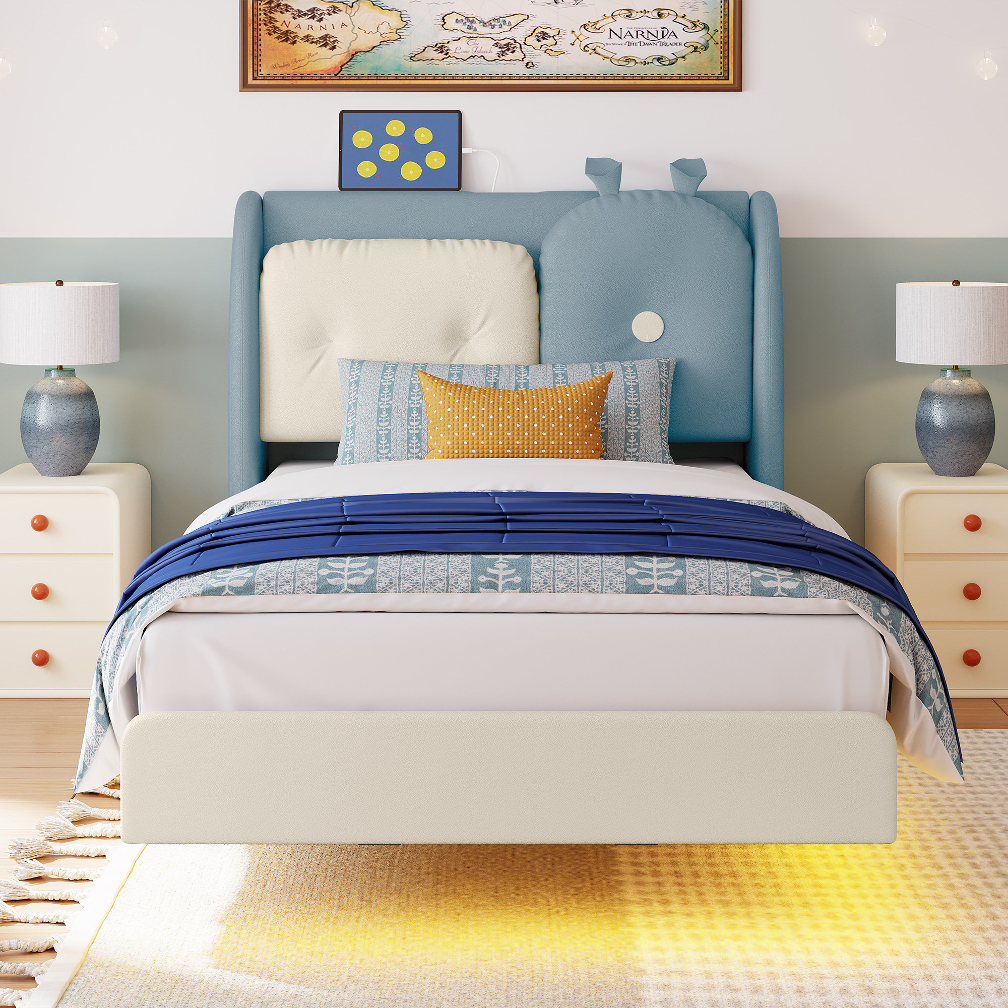 Zoomie Kids Floating Bed Frame With Headboard, Upholstered Platform Bed ...