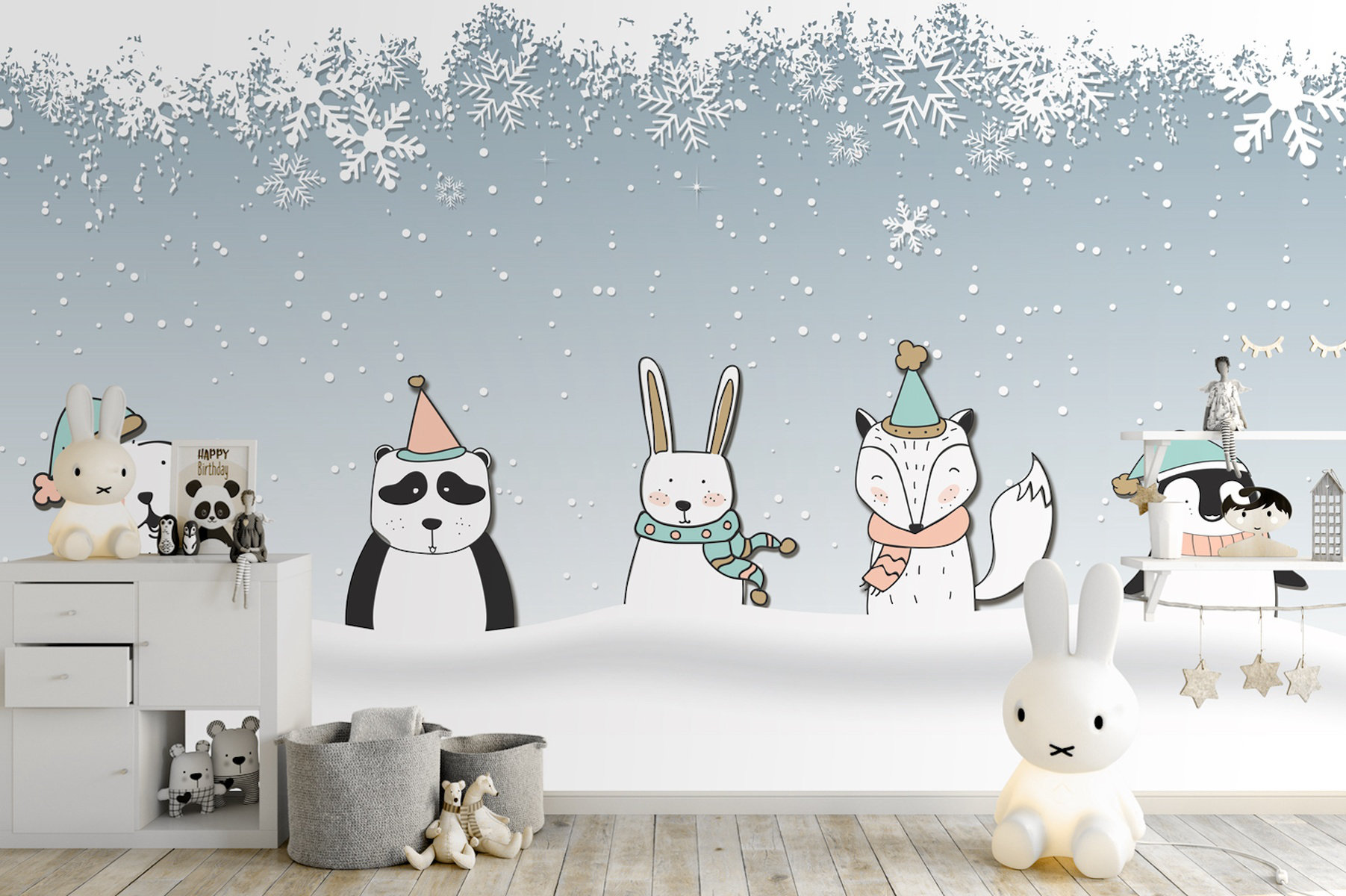 Zoomie Kids Cartoon Fox And Panda Snowflake Winter Animals Removable ...