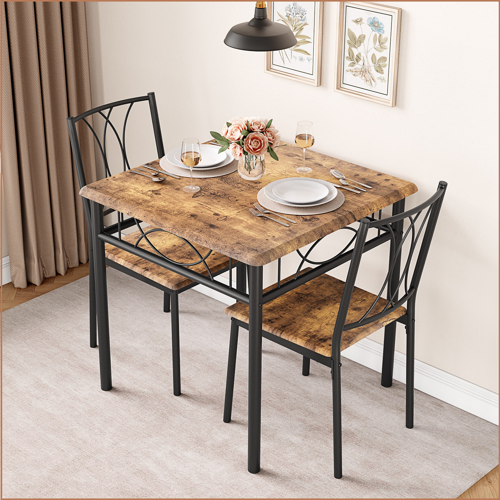 17 Stories 3 Pcs Dining Table Set For 2 For Apartment, Compact Kitchen Table Set With 2 Wooden ...