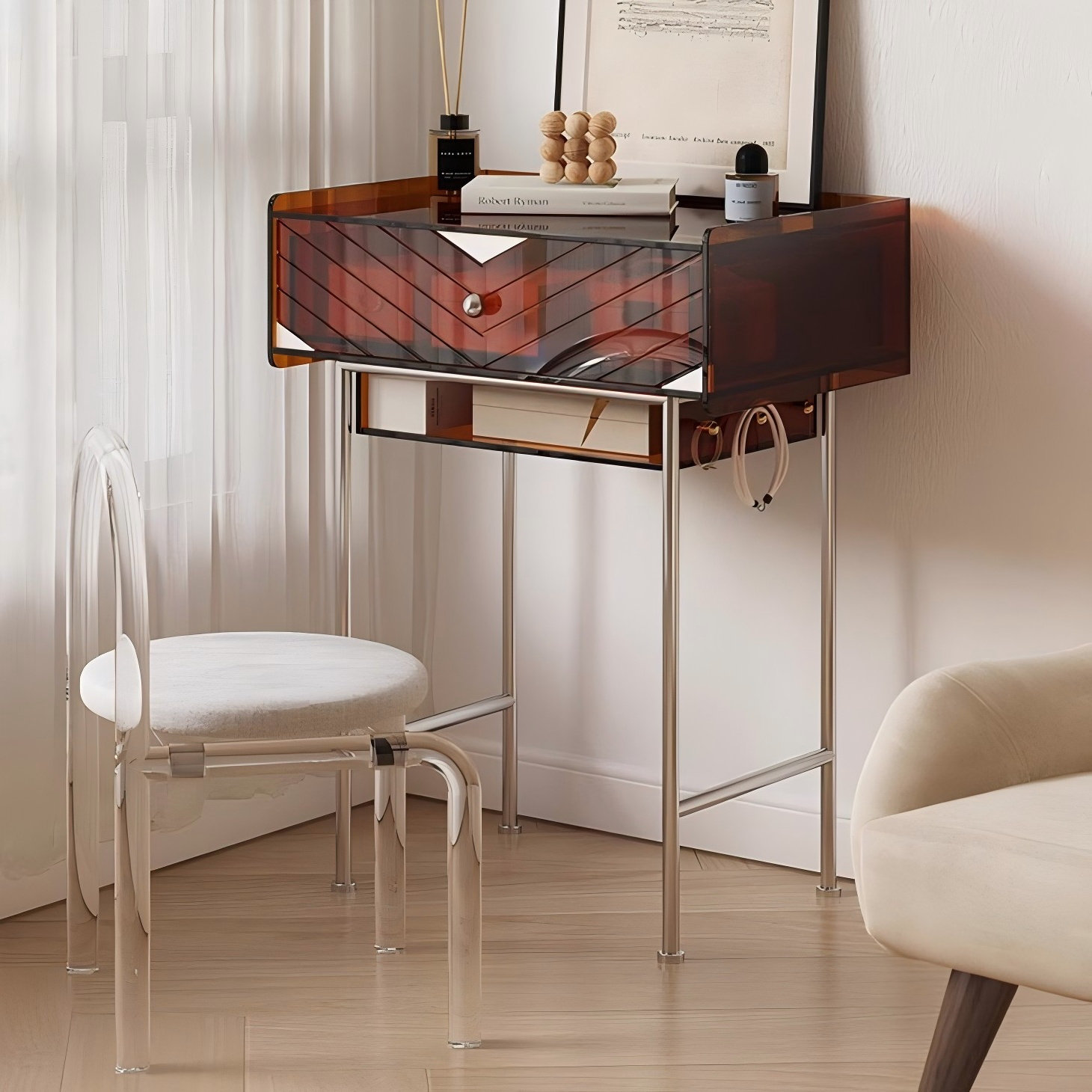 Orren Ellis Minimalist Modern Amber Acrylic Compact Vanity Table ...