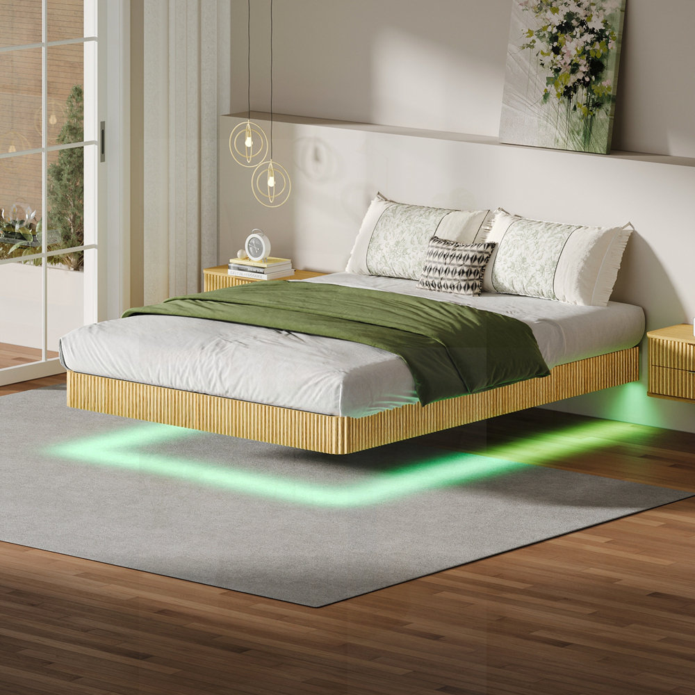 George Oliver Oak Floating Bed Frame with LED Lights, Wave Curve Wood ...