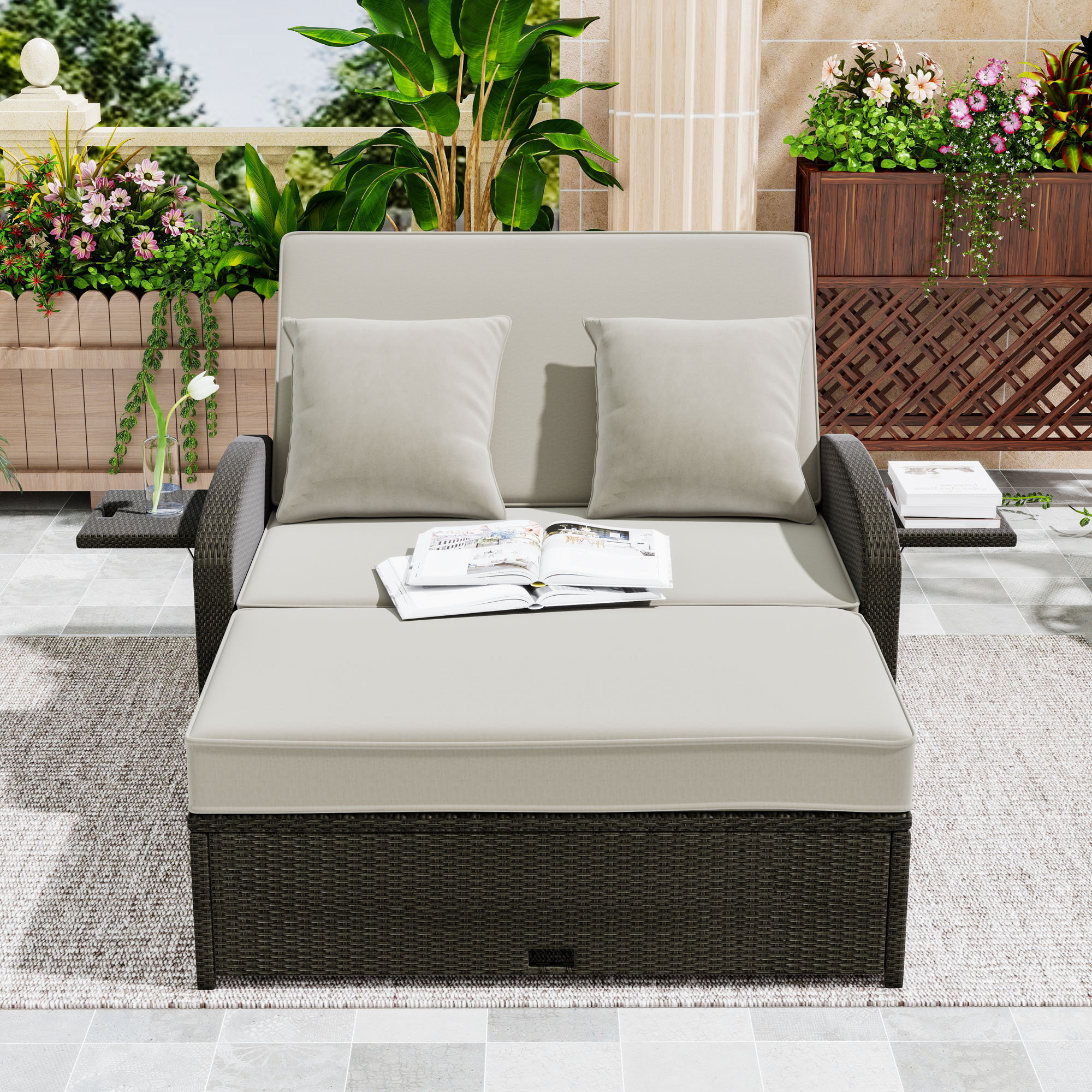 Latitude Run® Outdoor 2-Person Recliner Chaise Lounge with Adjustable ...