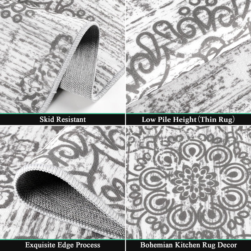 Bungalow Rose Farmhouse Non Slip Washable Gray Kitchen Rug Set with Mat ...