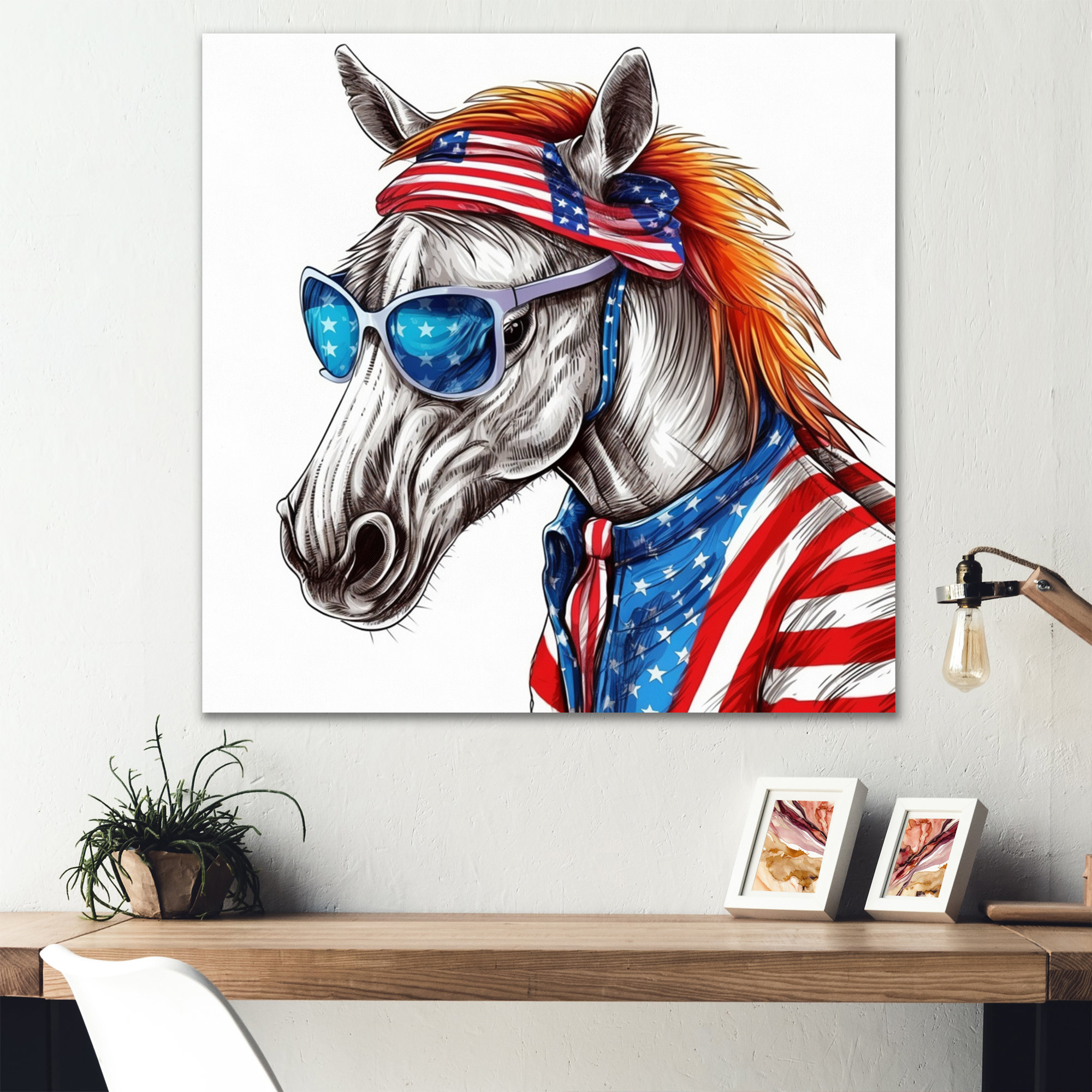 Trinx Red Blue Horse With Sunglasses And Shirt On Canvas Print ...