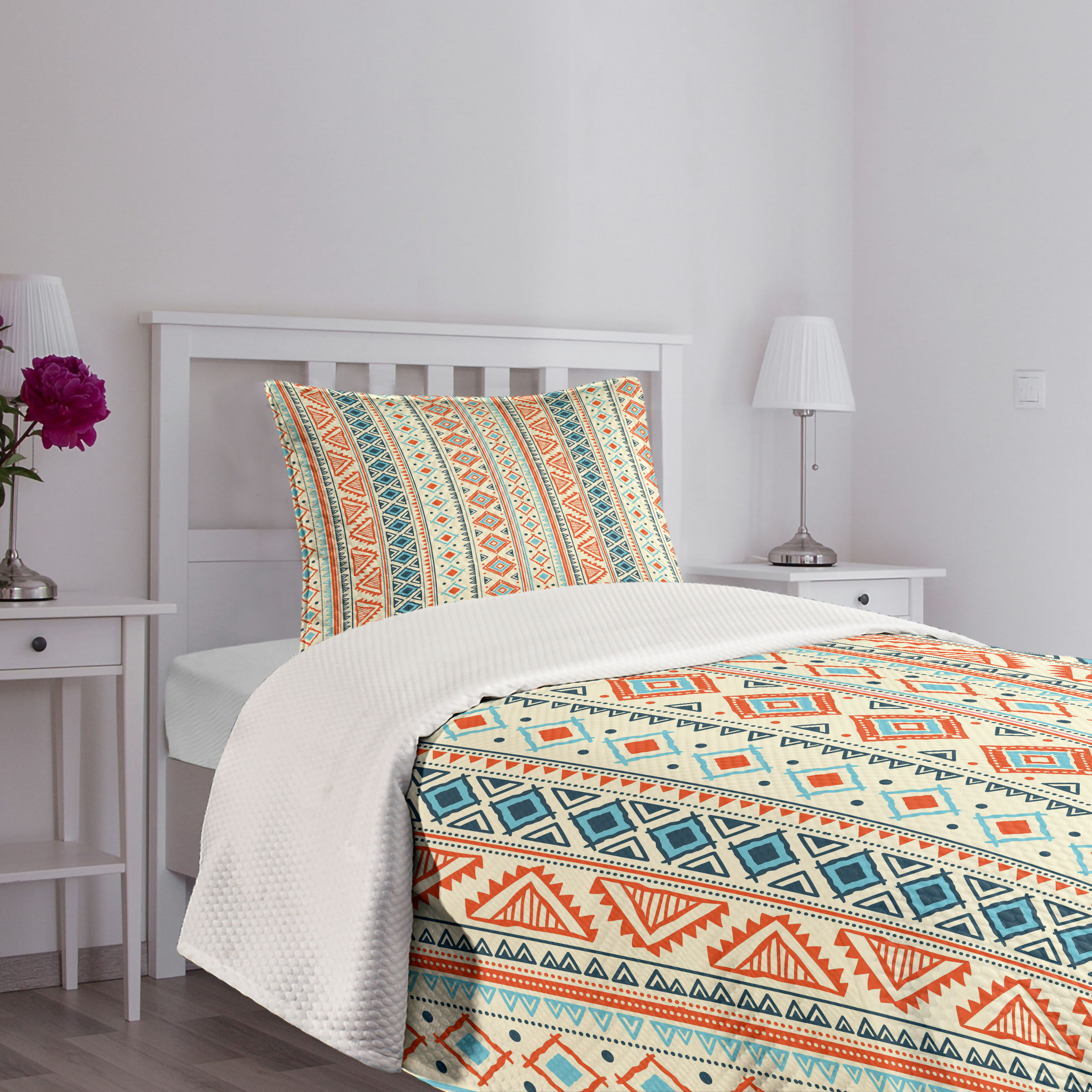 Ambesonne Tribal Bedspread Set Mexican Aztec Pattern Blue Orange Ivory ...