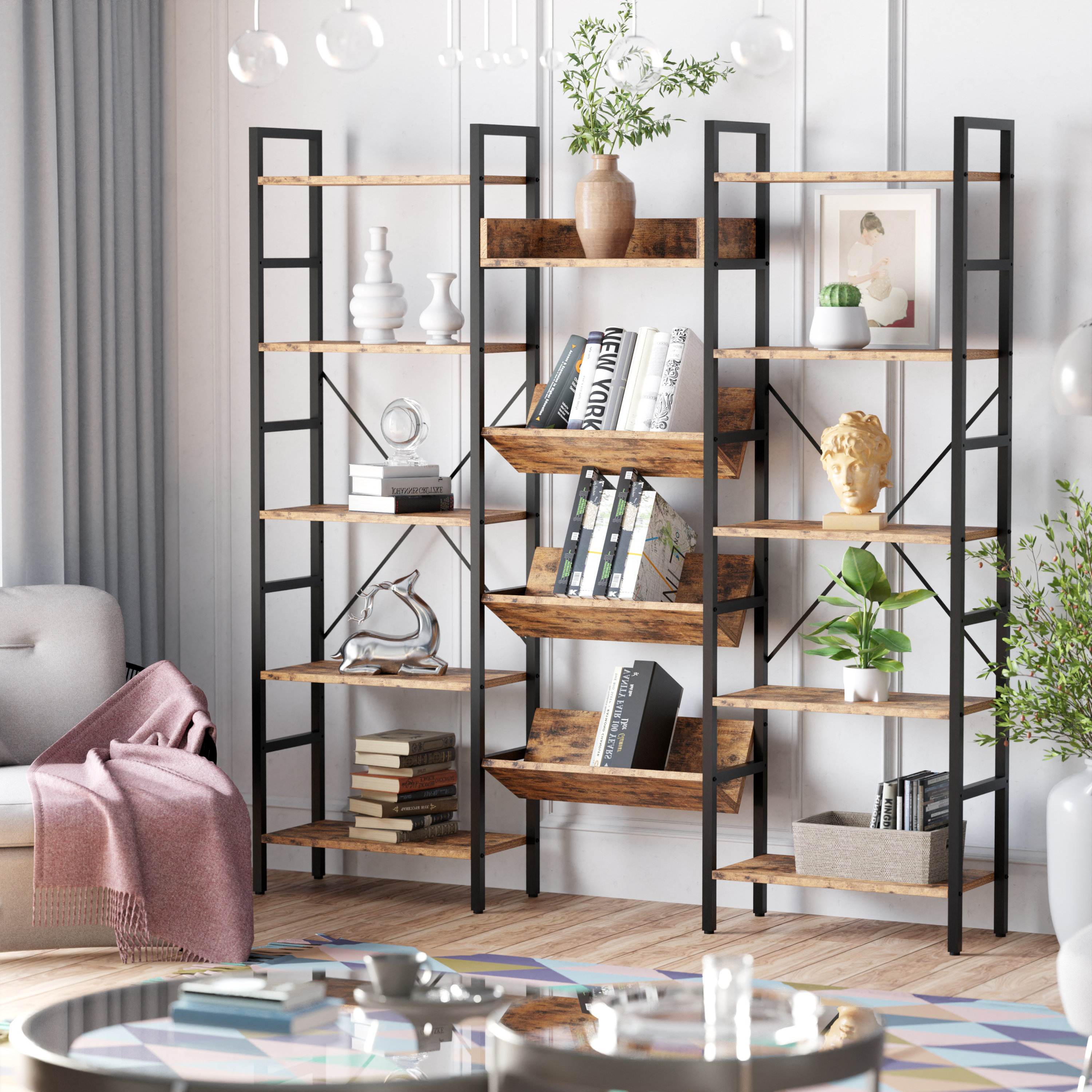 17 Stories Triple Wide Industrial Bookshelf, Large Etagere Bookshelf ...