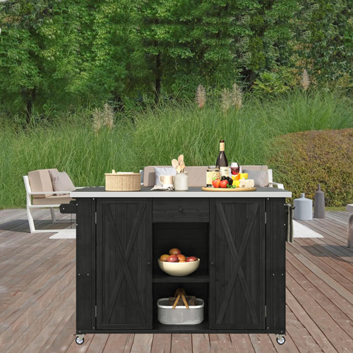 howcoolmall Solid Fir Wood Outdoor Kitchen Islands With Stainless Steel ...