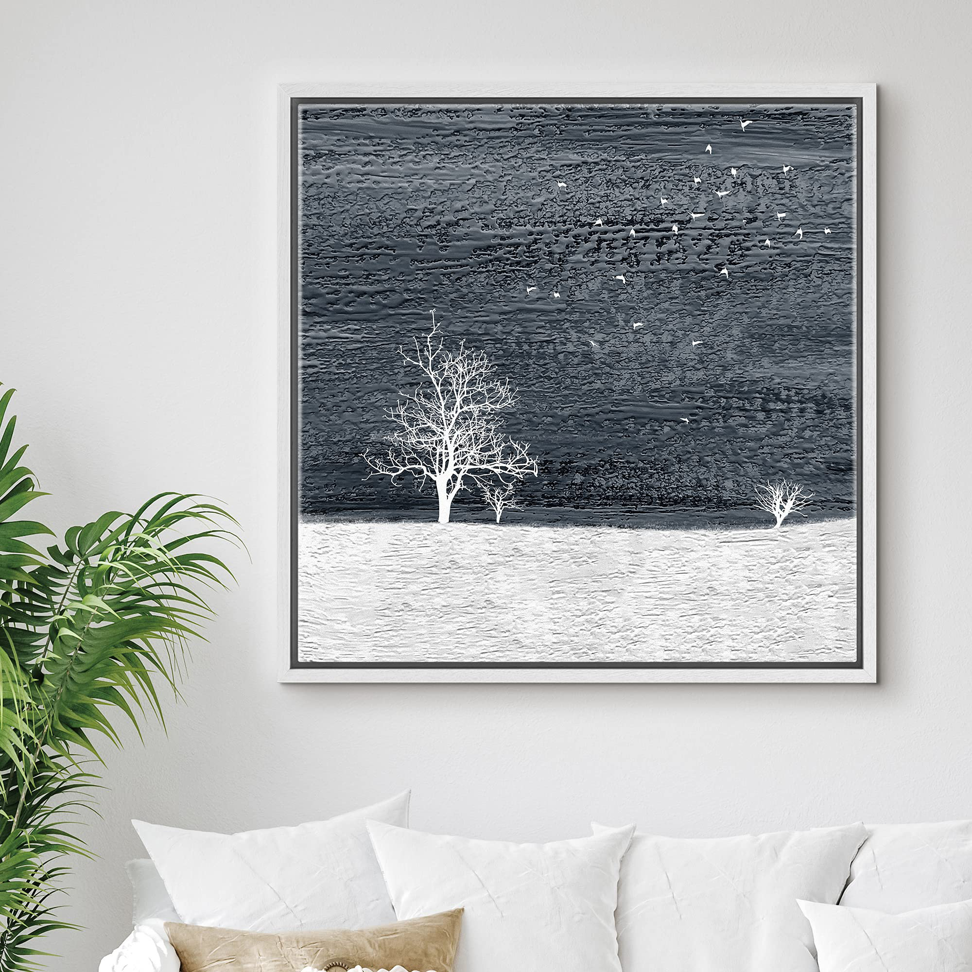 wall26 Birds Fly Over White Field & Trees Framed On Canvas Print | Wayfair