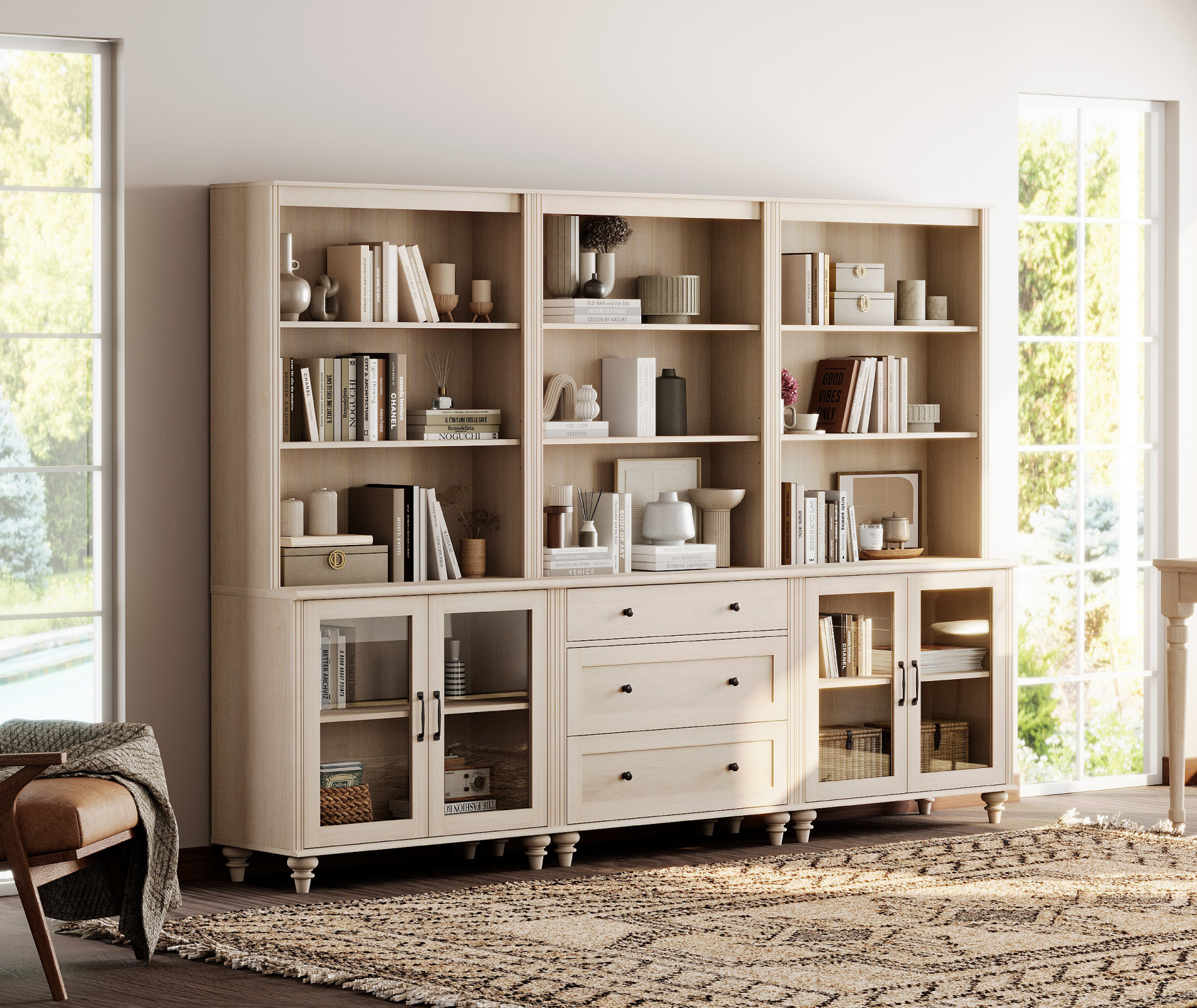 Alcott Hill Light Beige Bookcase With 3 Drawers And 2 Glass Cabinets ...