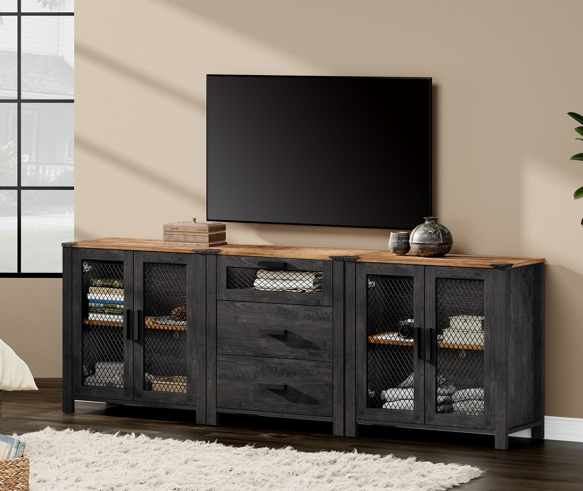 Gracie Oaks Drawers TV Stand Set With Mesh Door,Storage Cabinet With ...