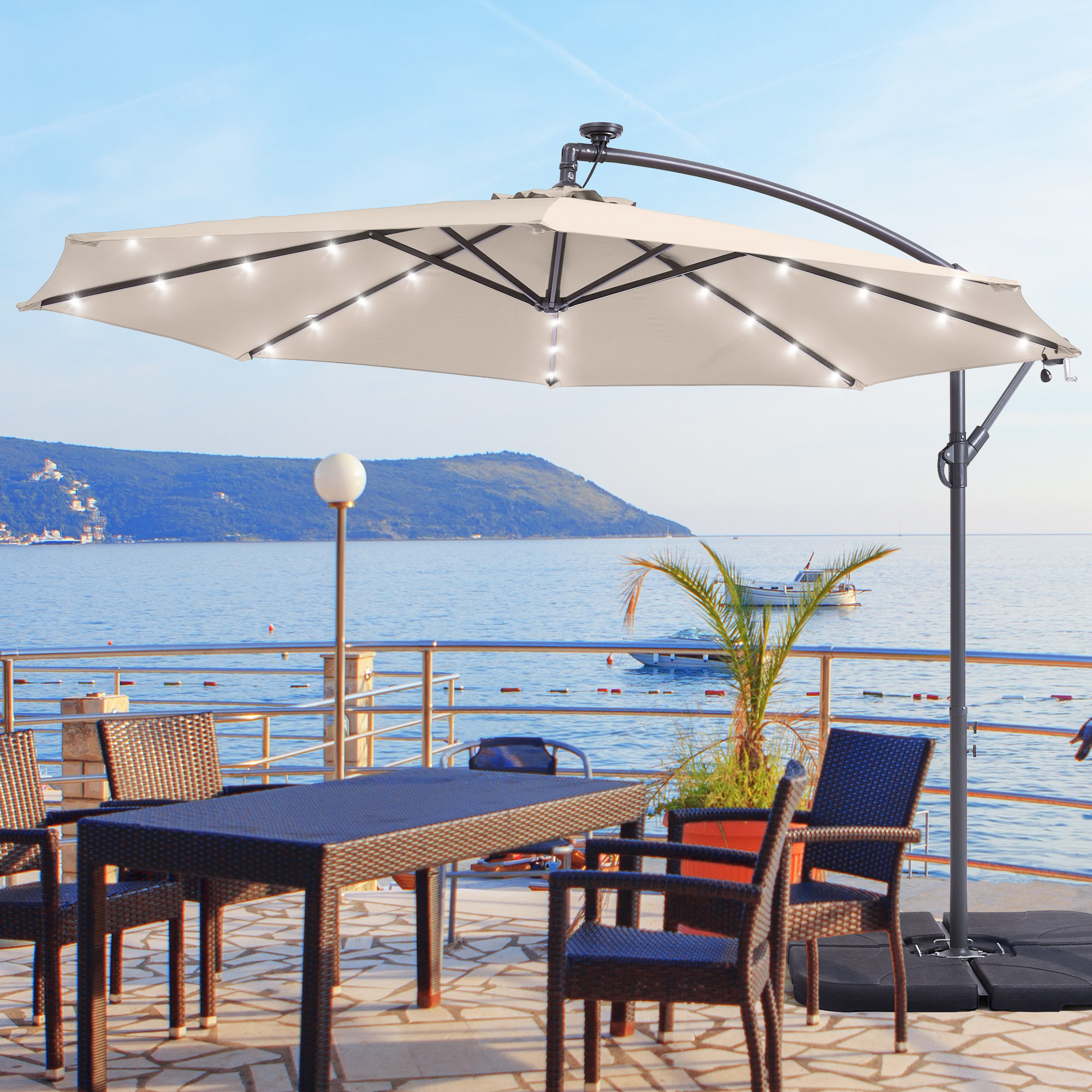 Arlmont & Co. 10Ft. Patio Offset LED Umbrellas Outdoor Hanging Umbrella ...