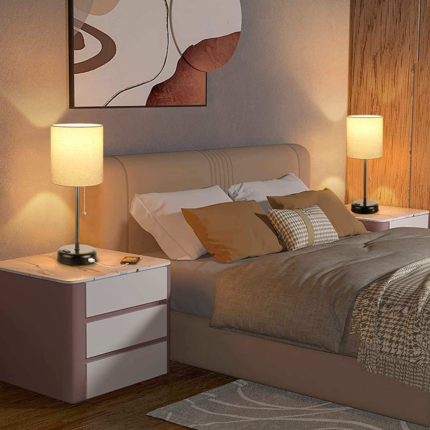 Fish hunter Table Lamps Set Of 2 With USB Port, Bedside Table Lamps For ...