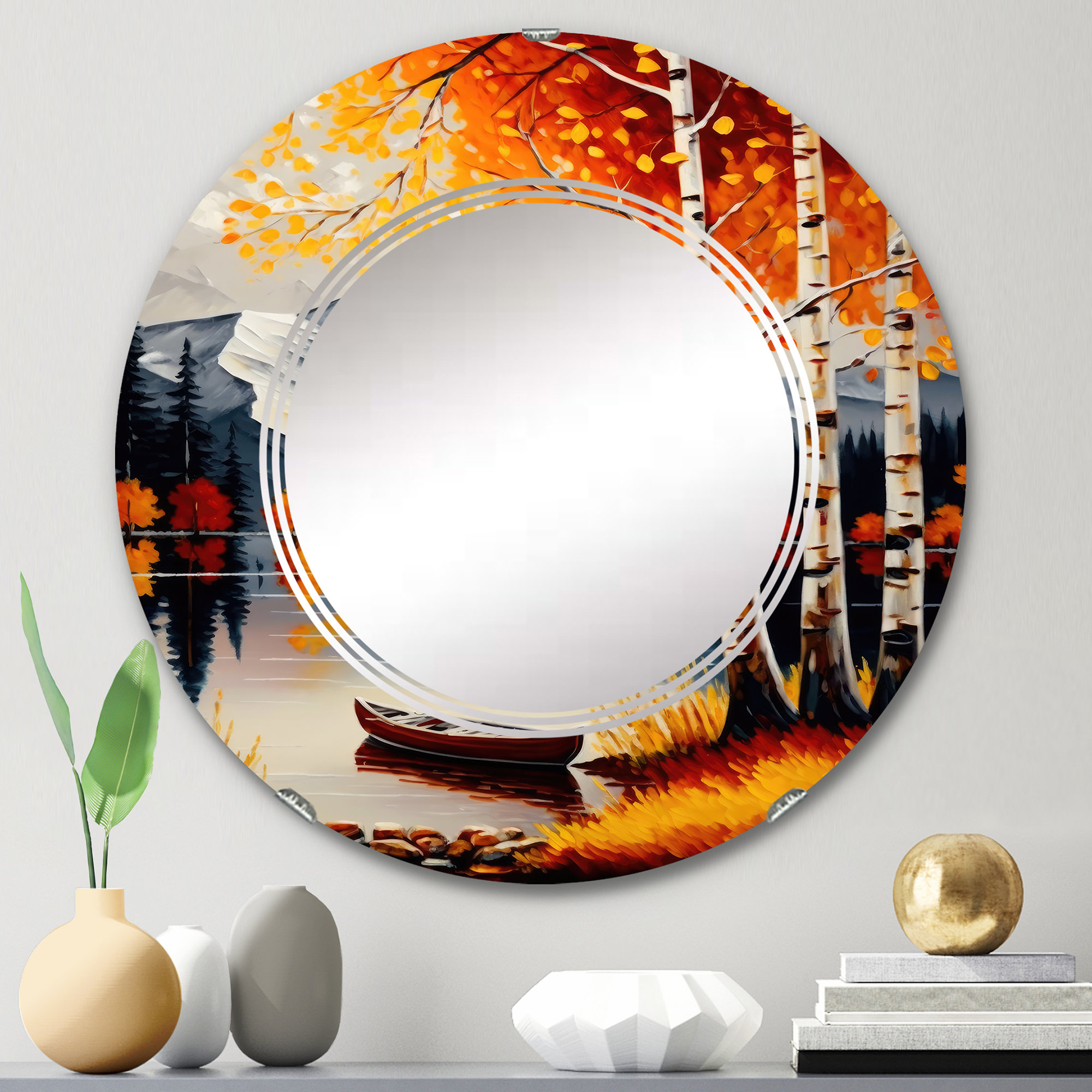 East Urban Home Quron Orange Birch Trees By The Lake VIII - Landscape ...