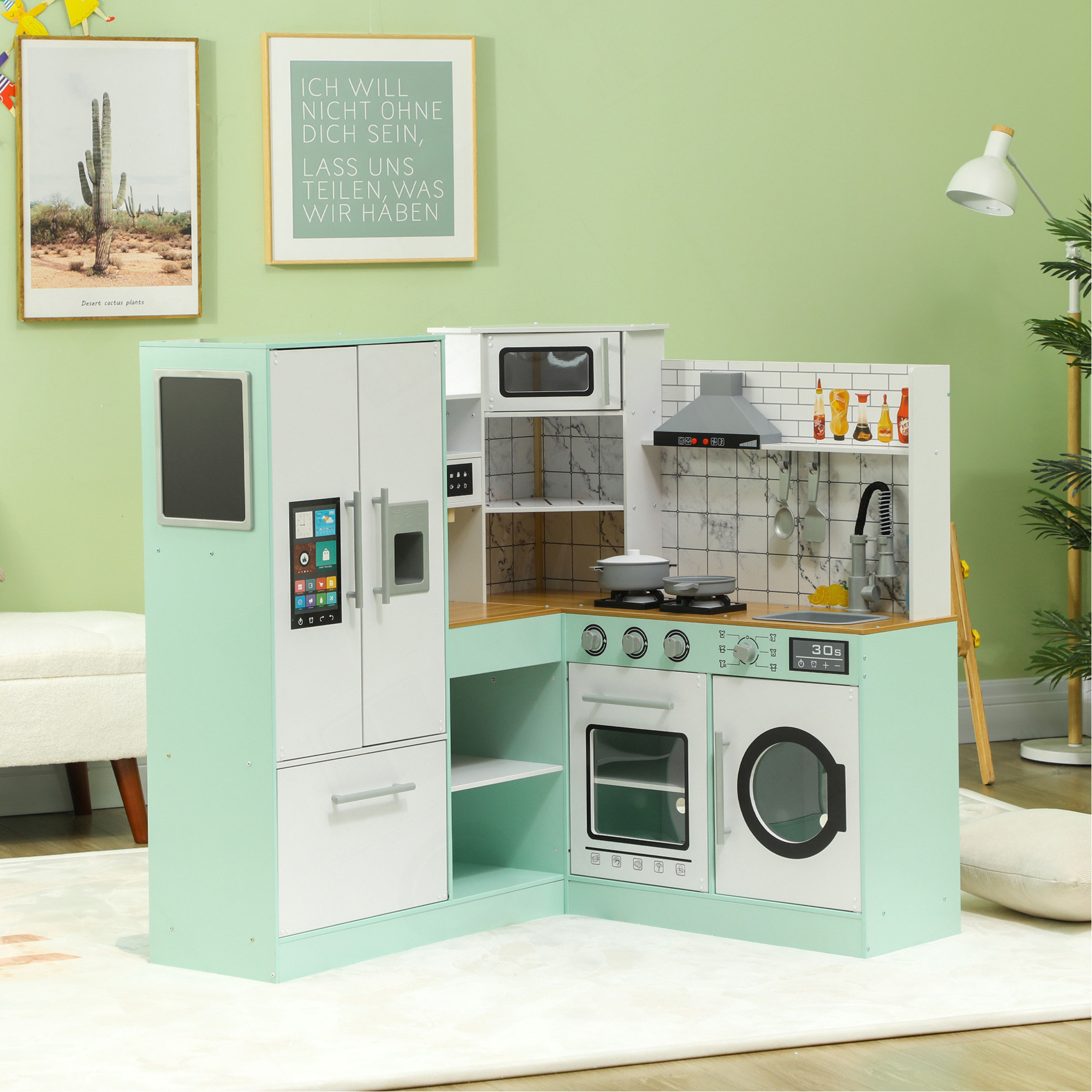 Jiafan Qaba Play Kitchen, Corner Kids Kitchen Playset With Chalkboard ...