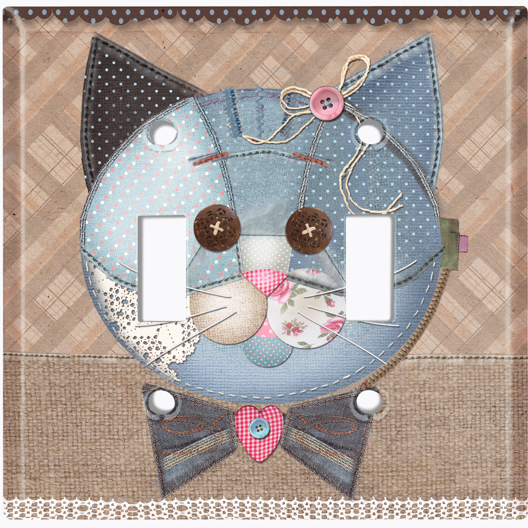 WorldAcc Patchwork Blue Denim Cat Button 2-Gang Toggle Light Switch ...