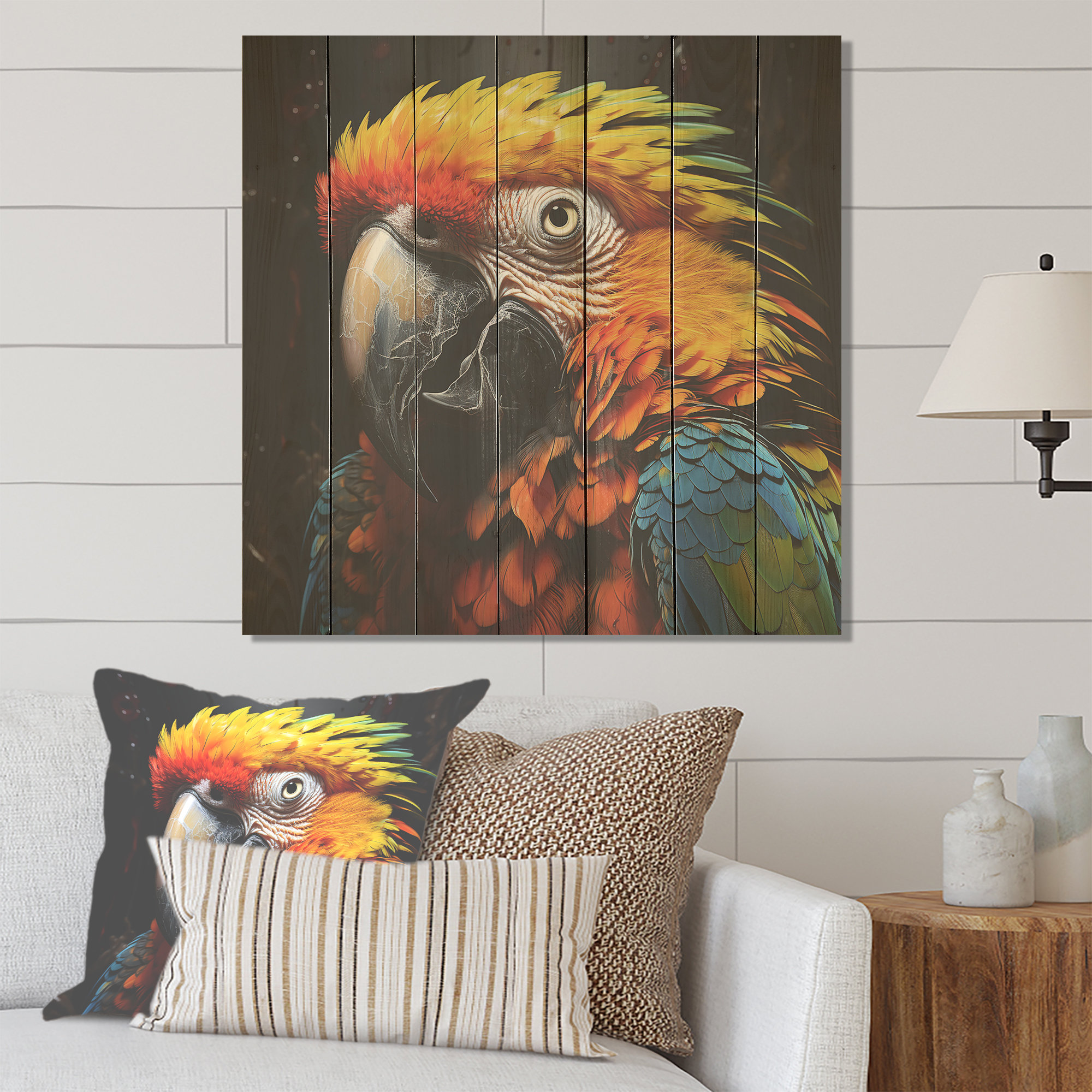 Bay Isle Home™ Yellow And Blue Parrot Portrait Photo - Parrot On Wood ...