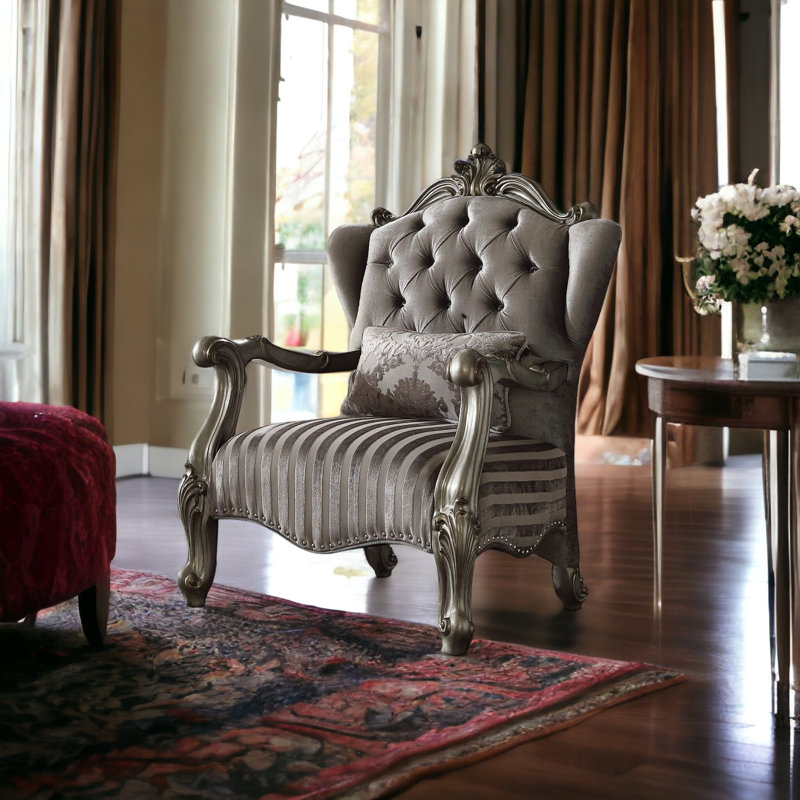 HomeRoots 33" Gray And Platinum Velvet Striped Tufted Wingback Chair ...