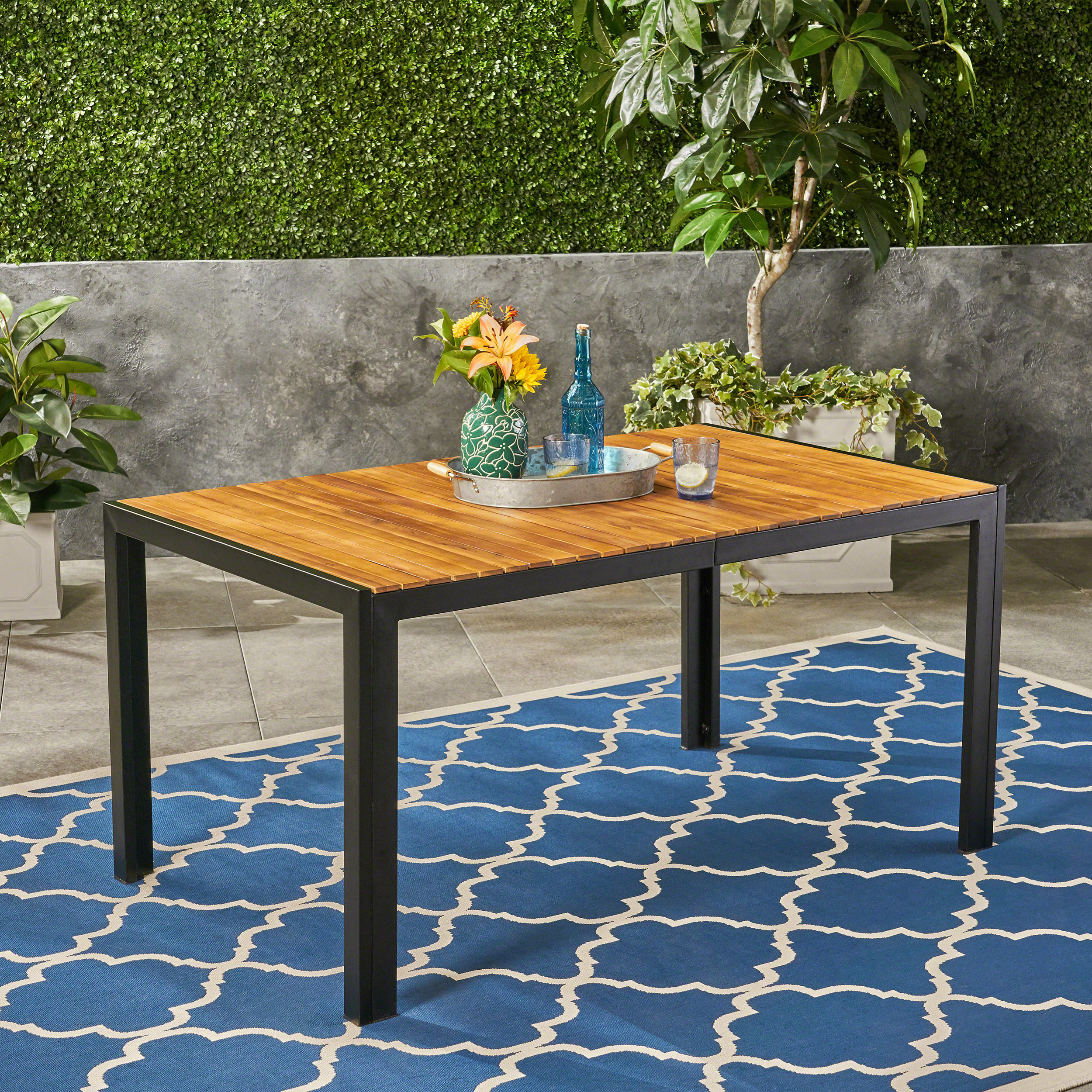 Latitude Run® Rectangular Outdoor Dining Table with Acacia Wood Slatted ...