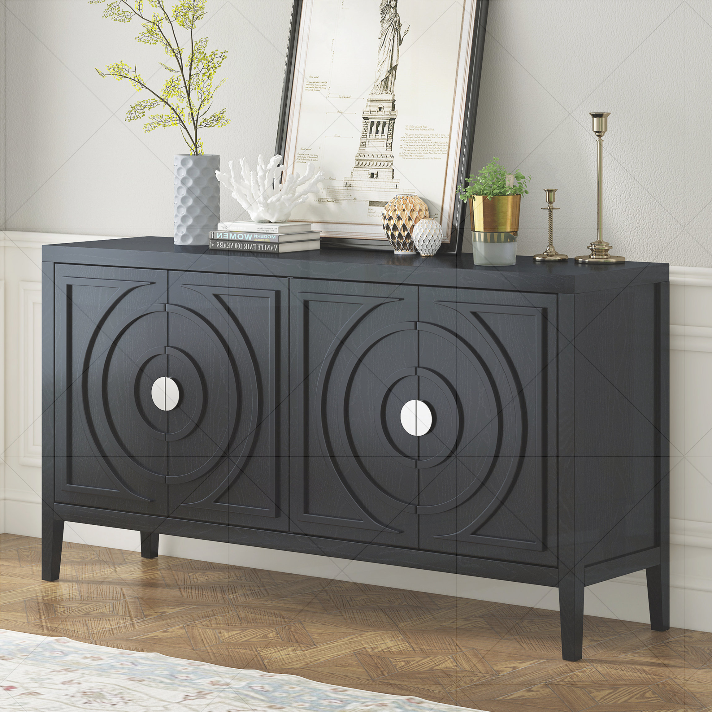 Lark Manor™ Retro Sideboard door with Circular Groove Design Round ...