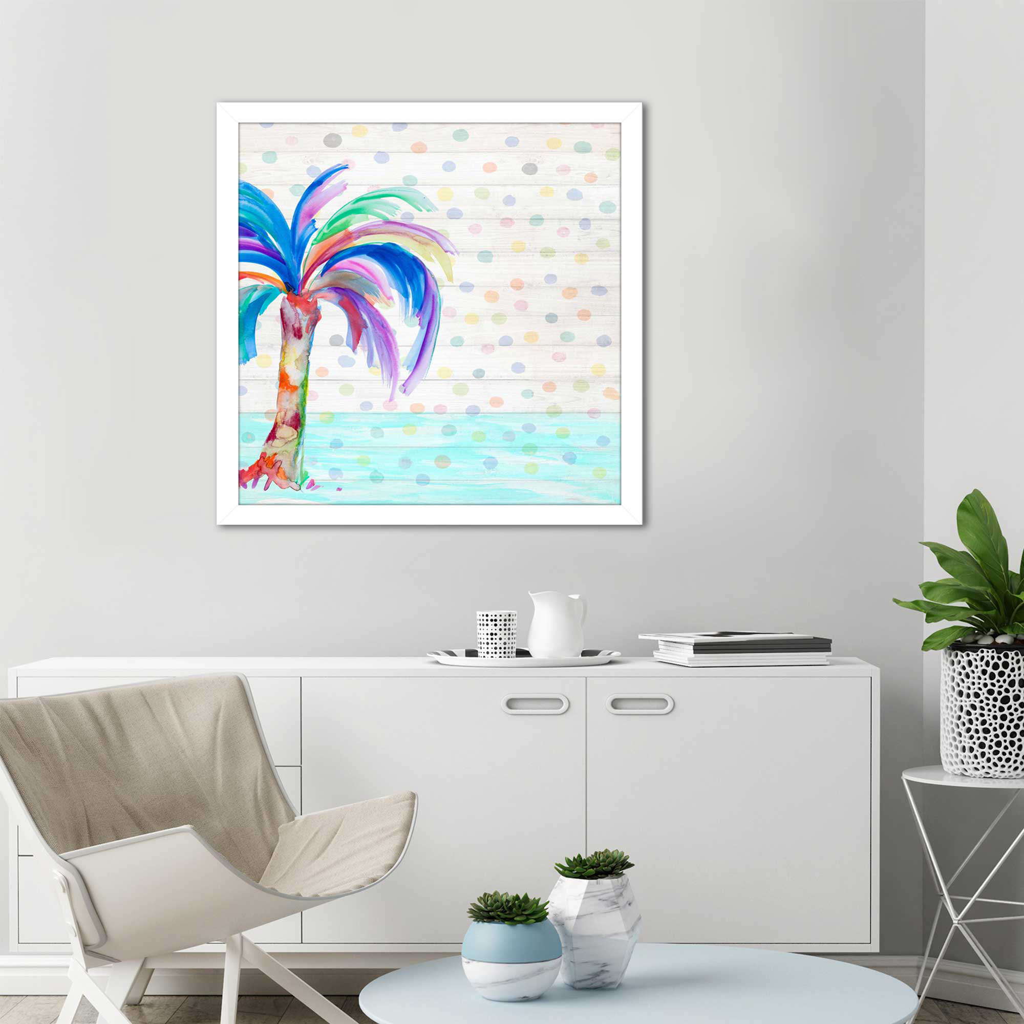 Wrought Studio™ 'Funky Palm on Dots II' Framed Watercolor Painting ...