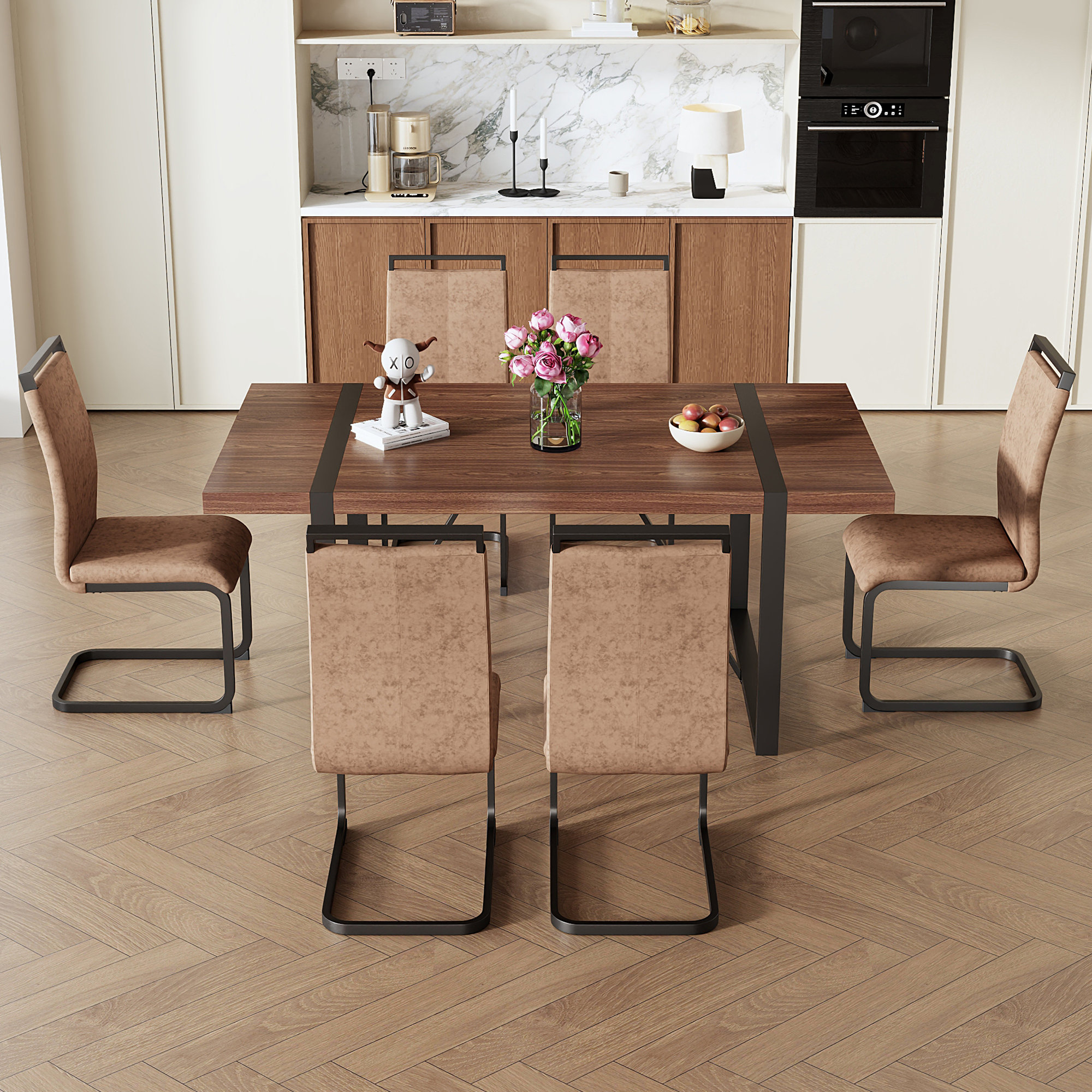 17 Stories Rustic Industrial Dining Ensemble: 71''X39.3'' Walnut ...