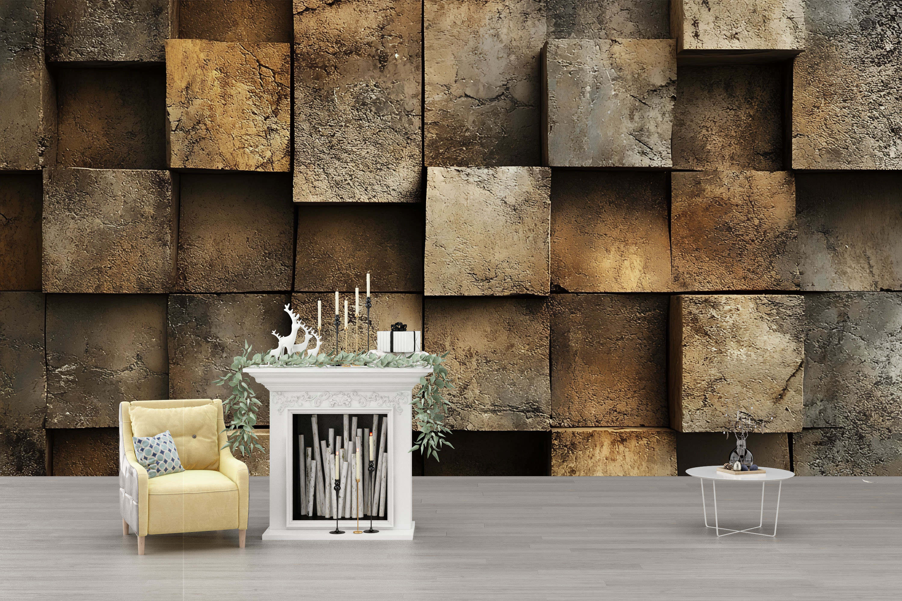 17 Stories 3D Stone Block Wallpaper - Rustic Cubes Wall Mural - Earth ...