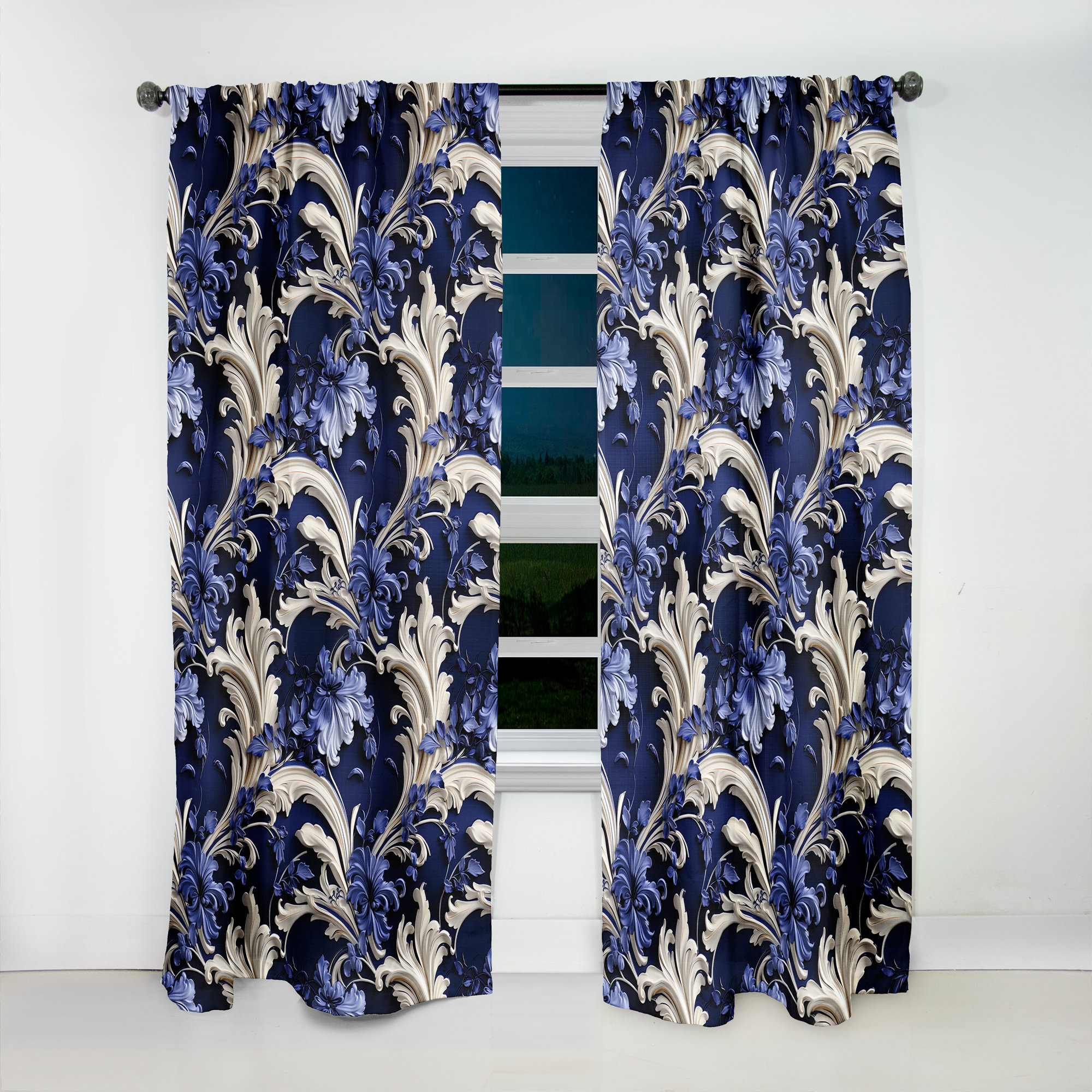 DesignArt Cobalt Blue Baroque Scrolls Victorian Pattern I Blackout ...