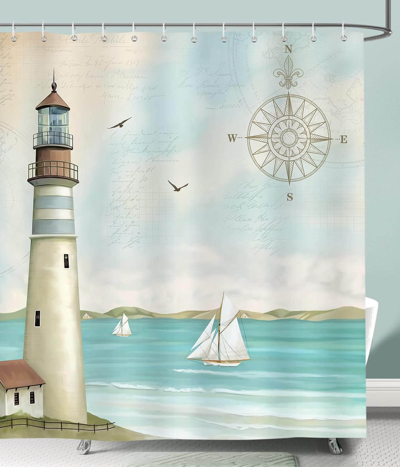 Metro Lane Nautical Lighthouse Shower Curtain 183 X 183 Cm With 12 ...