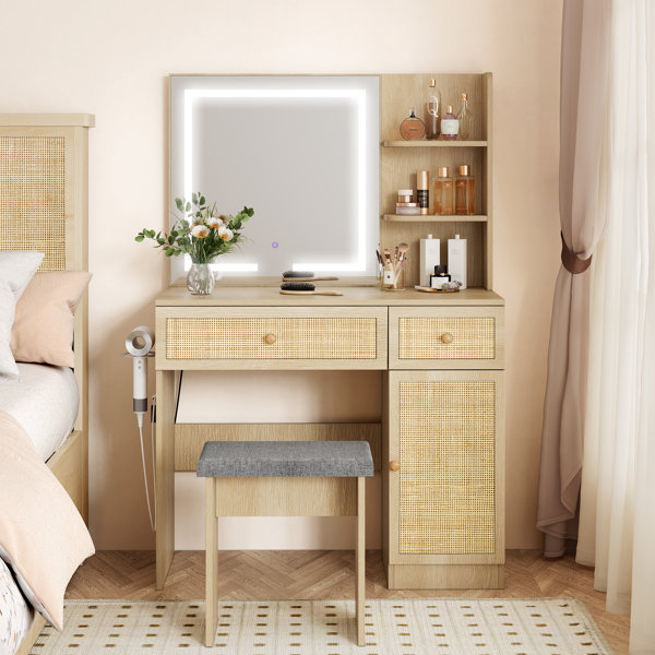 Latitude Run® Avonelle Boho Natural Rattan Vanity with LED Mirror and ...