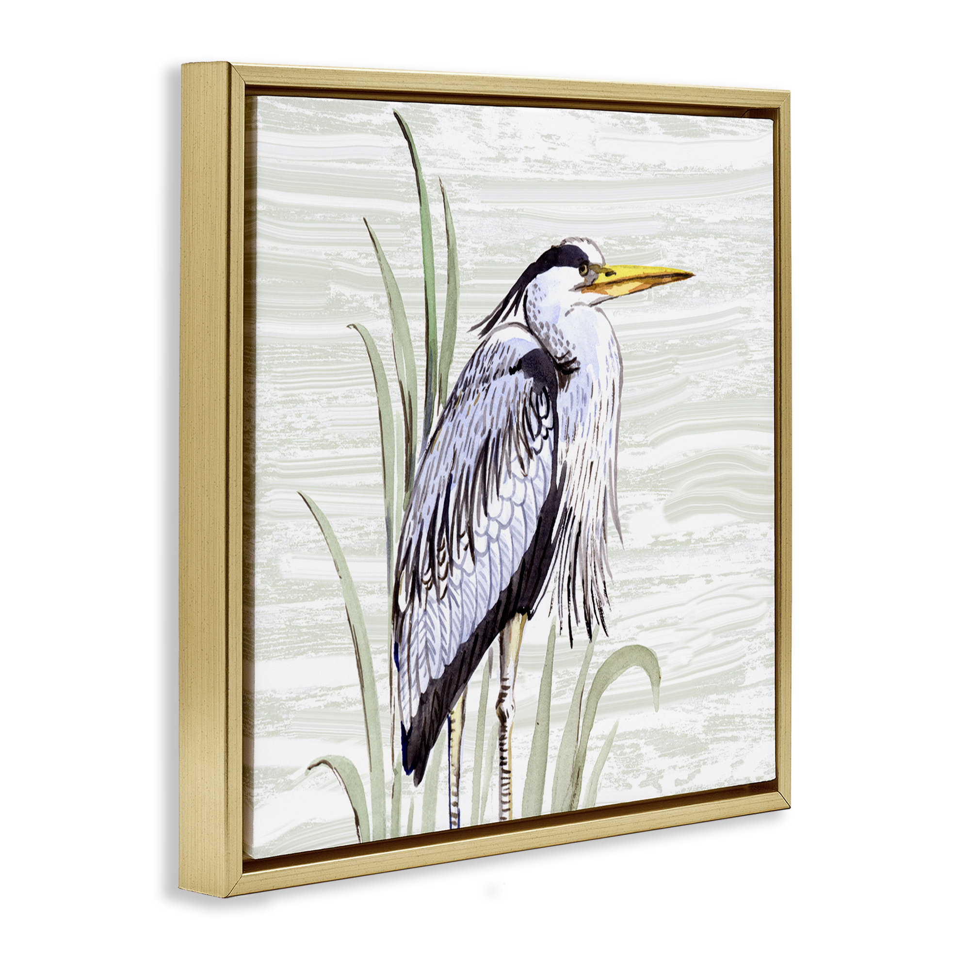 Highland Dunes Beach Bird Elegant Heron Gold Framed Floater Canvas Wall ...