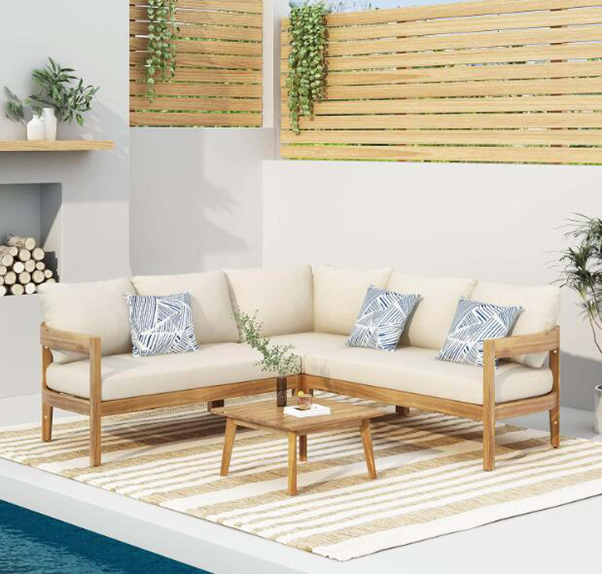 Lark Manor™ Acacia Wood Patio Sofa Set – Rounded Tuxedo Design, Slat ...