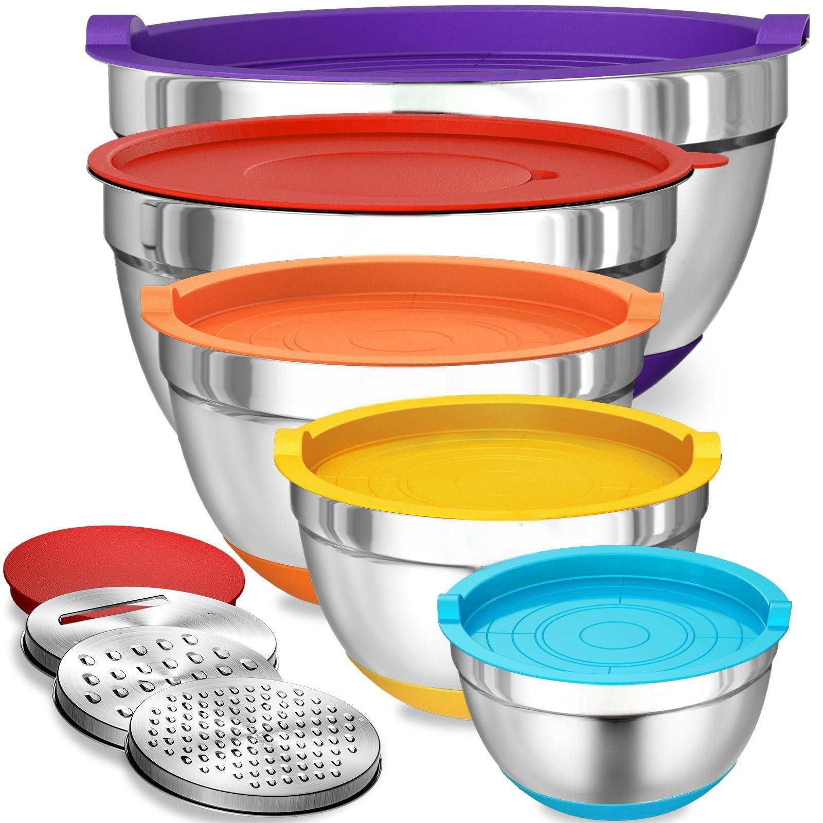 ColorLife Mixing Bowls With Airtight Lids Set, 8PCS Stainless Steel Nesting Bowls Set, 3 Grater ...