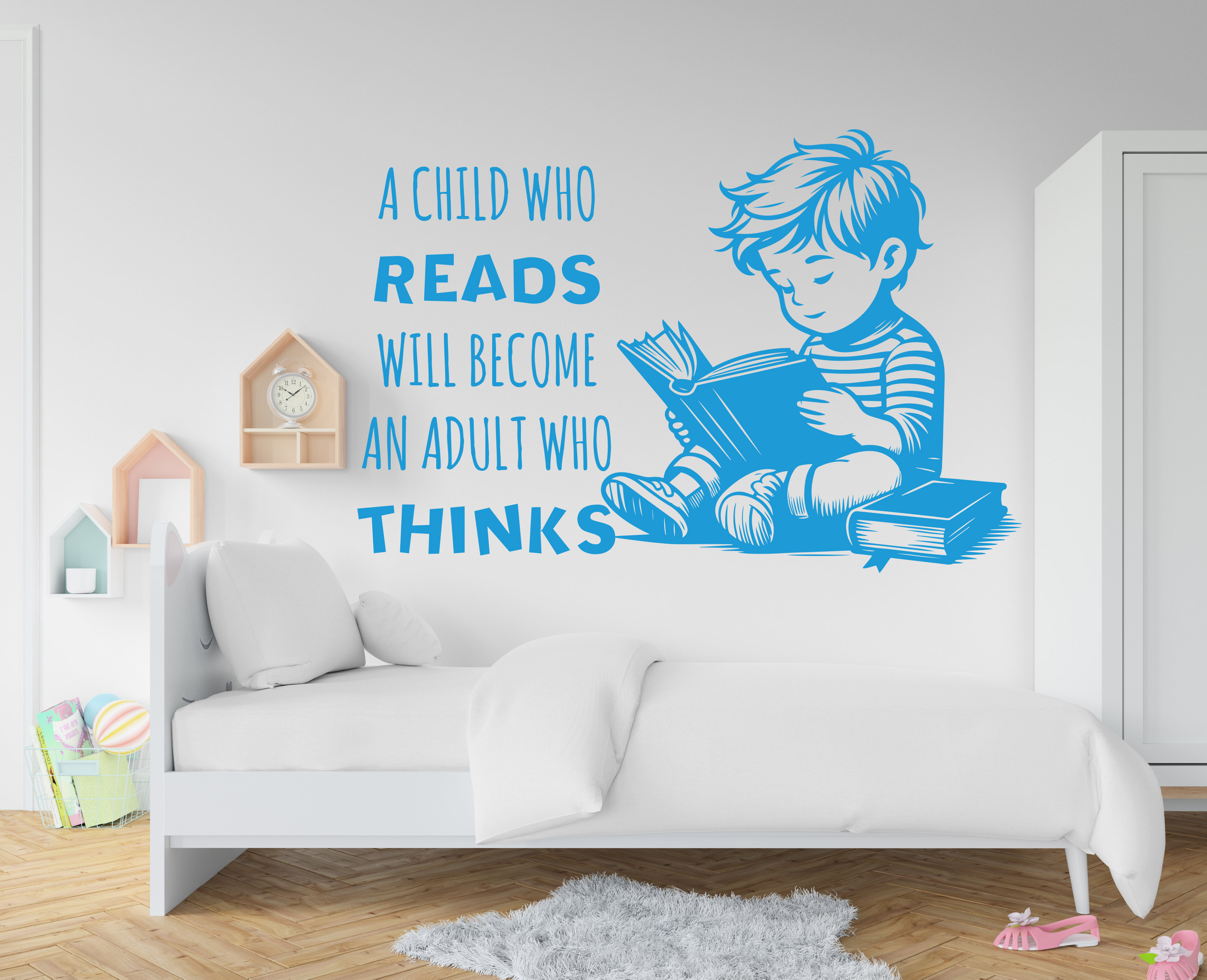 Trinx Little Boy Reading Book Wall Decals Book Wall Decor, Library Wall ...