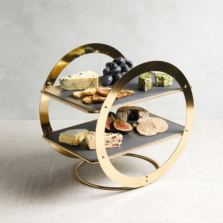 Artesà 2-Tier Geometric Brass-Finished Serving Stand with Slate Serving ...
