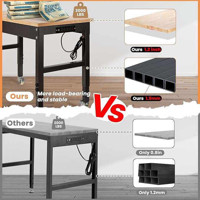 WFX Utility™ Height Adjustable Workbench Rubber Wood Top Heavy-Duty ...