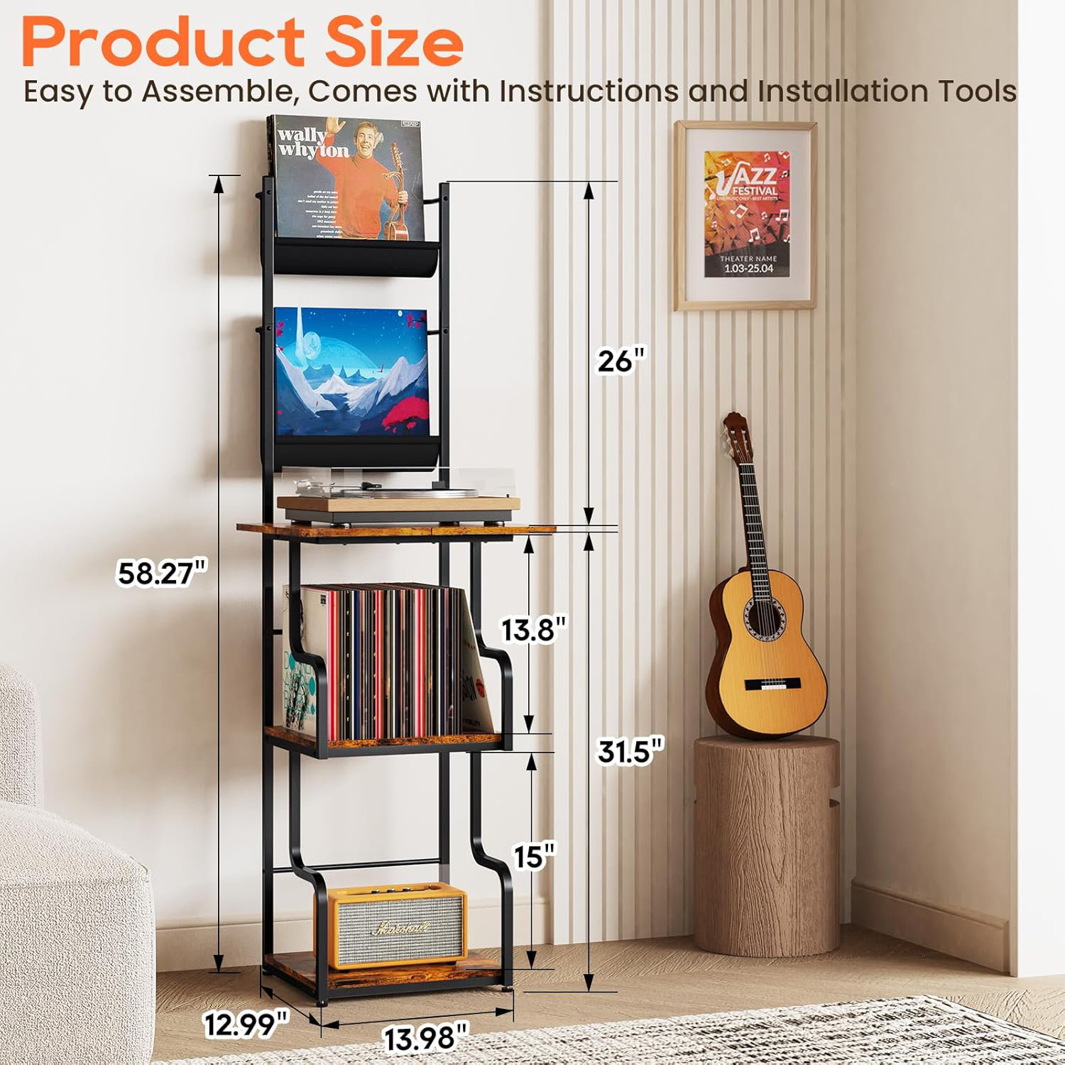 17 Stories Record Player Stand With Vinyl Storage, Tall Record Player ...
