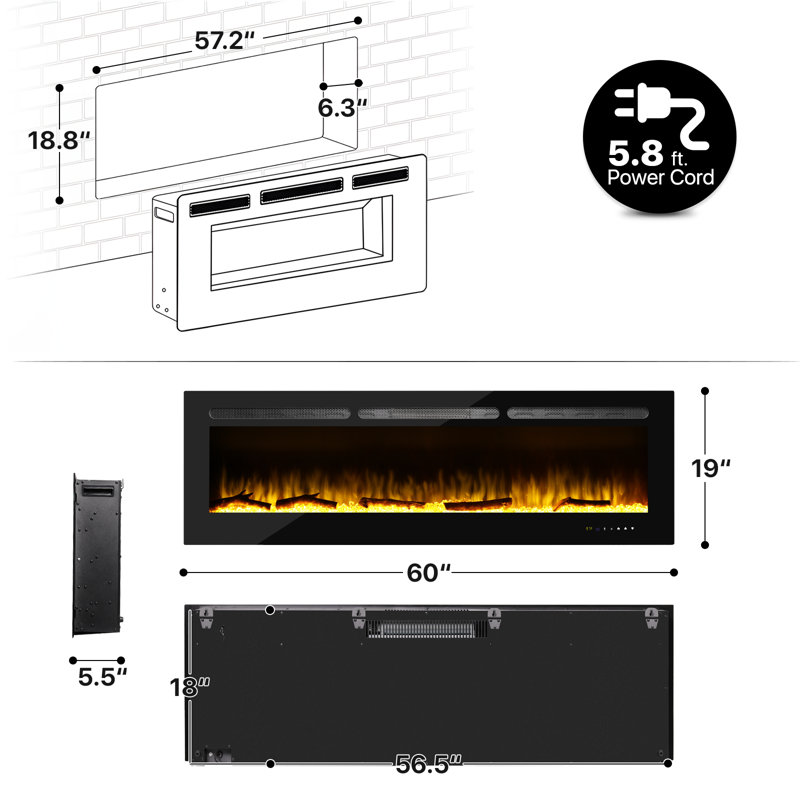 Symple Stuff Electric Fireplace Insert Recessed Wall-Mounted Heater ...