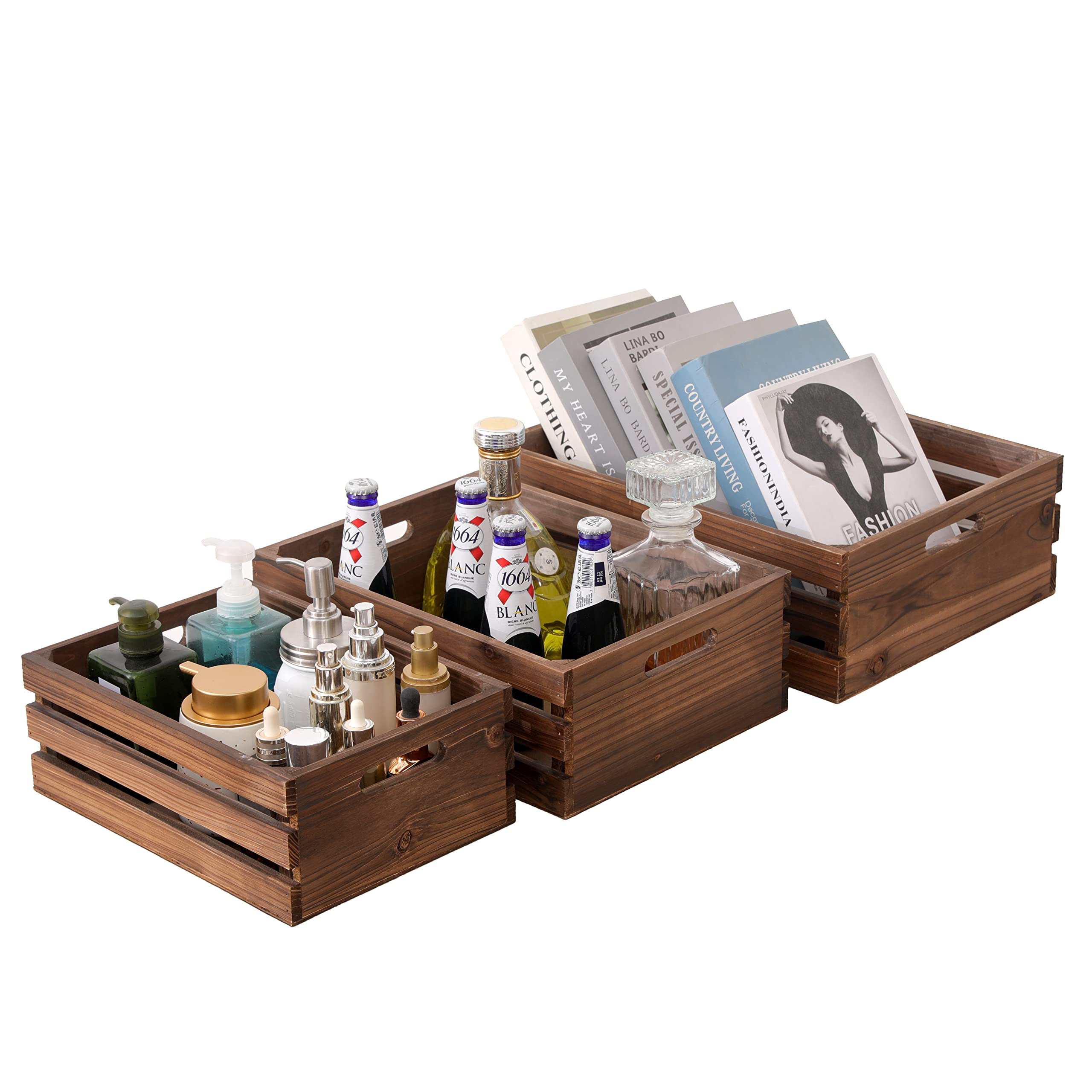 One Allium Way® Set of 3 Vintage Black Wooden Crates, Handmade Solid ...