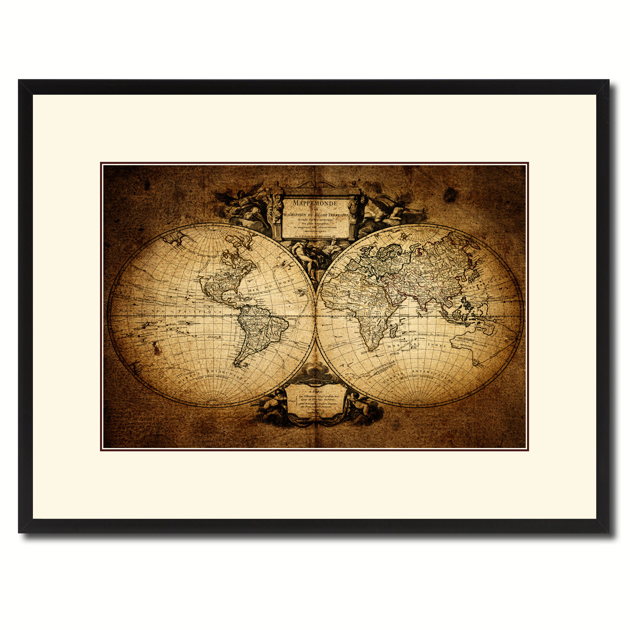 17 Stories World Old Map Print On Canvas With Picture Frame Art ...