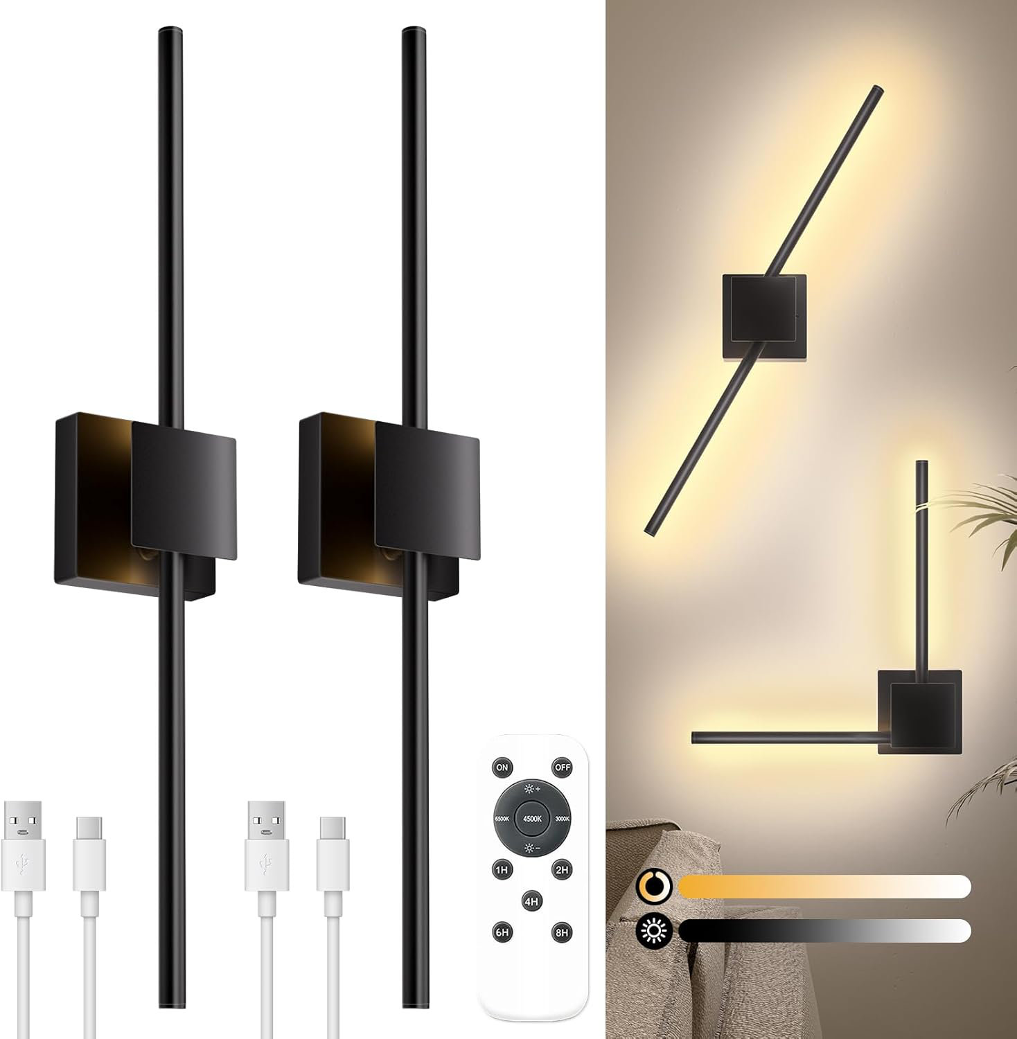 Ivy Bronx Battery Powered Wall Light with Remote Control, Dimmable Wall ...